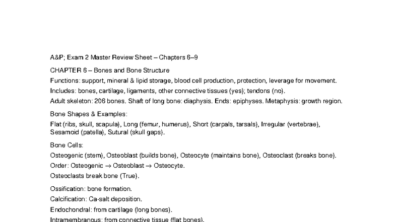 Anatomy Exam 2 Review Sheet: Bones & Skeleton Structure - Studocu