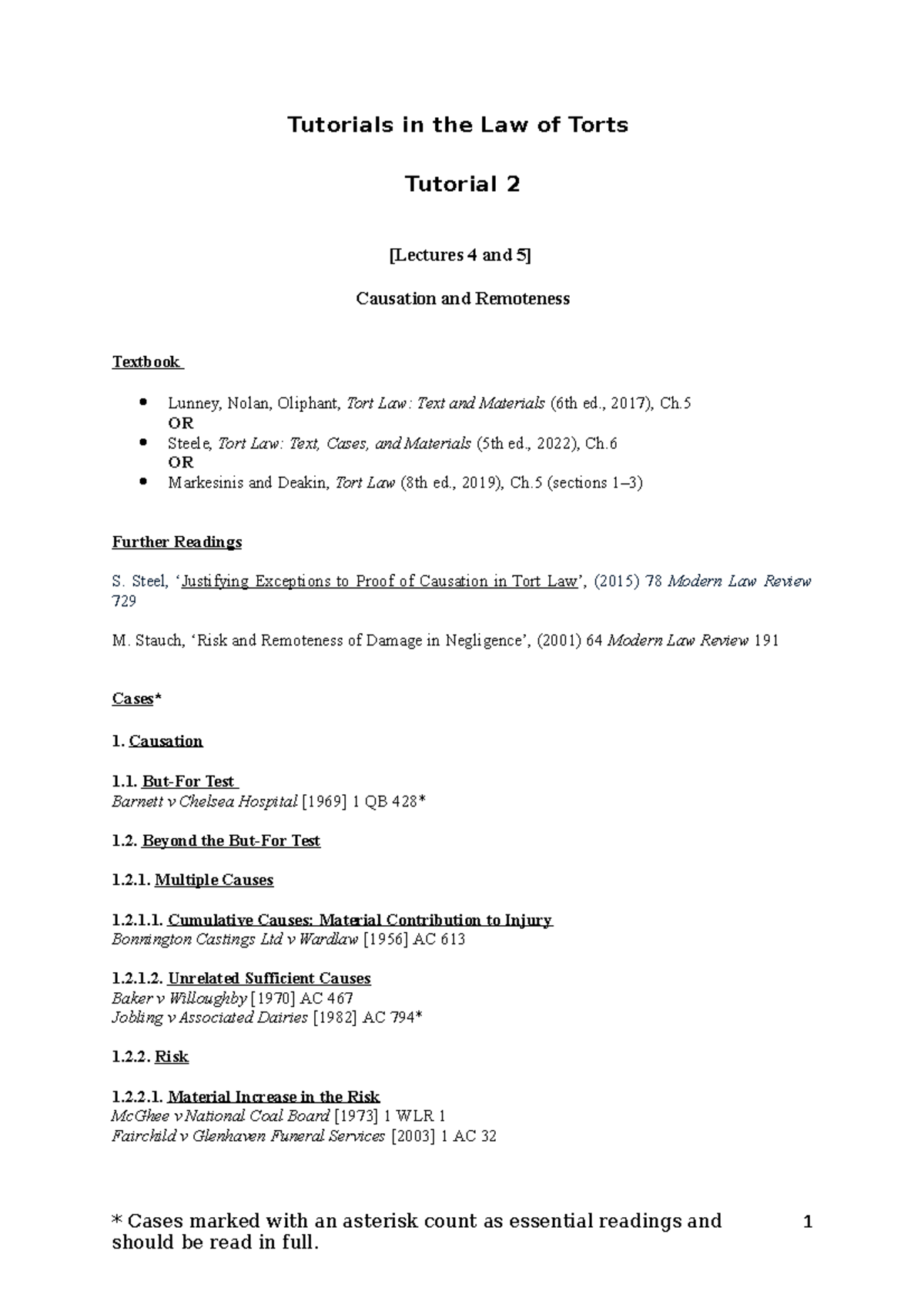 Tort Tutorial Sheet 2 (2022-23) - Tutorials in the Law of Torts Tutorial 2 [Lectures 4 and 5 ...