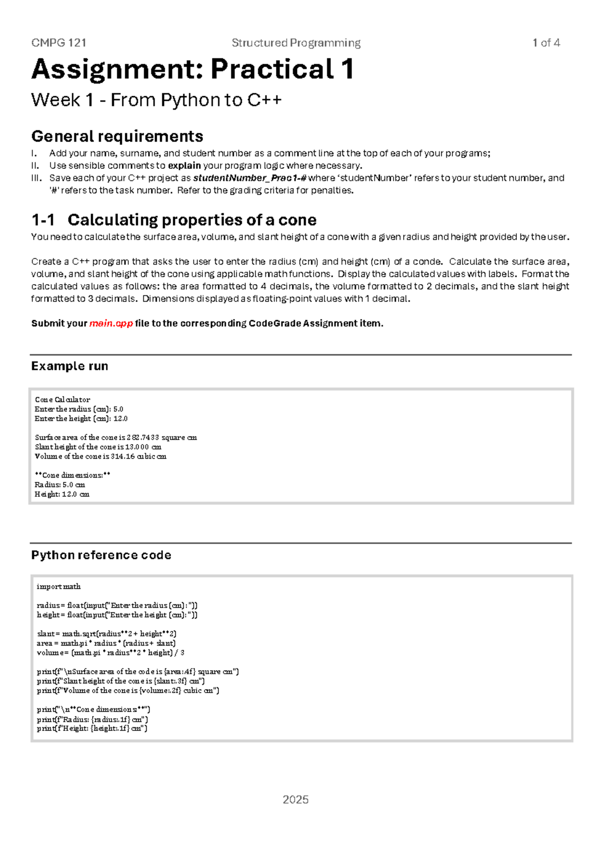 CMPG 121 Structured Programming Practical 1: Cone & ASCII Conversion - Studocu