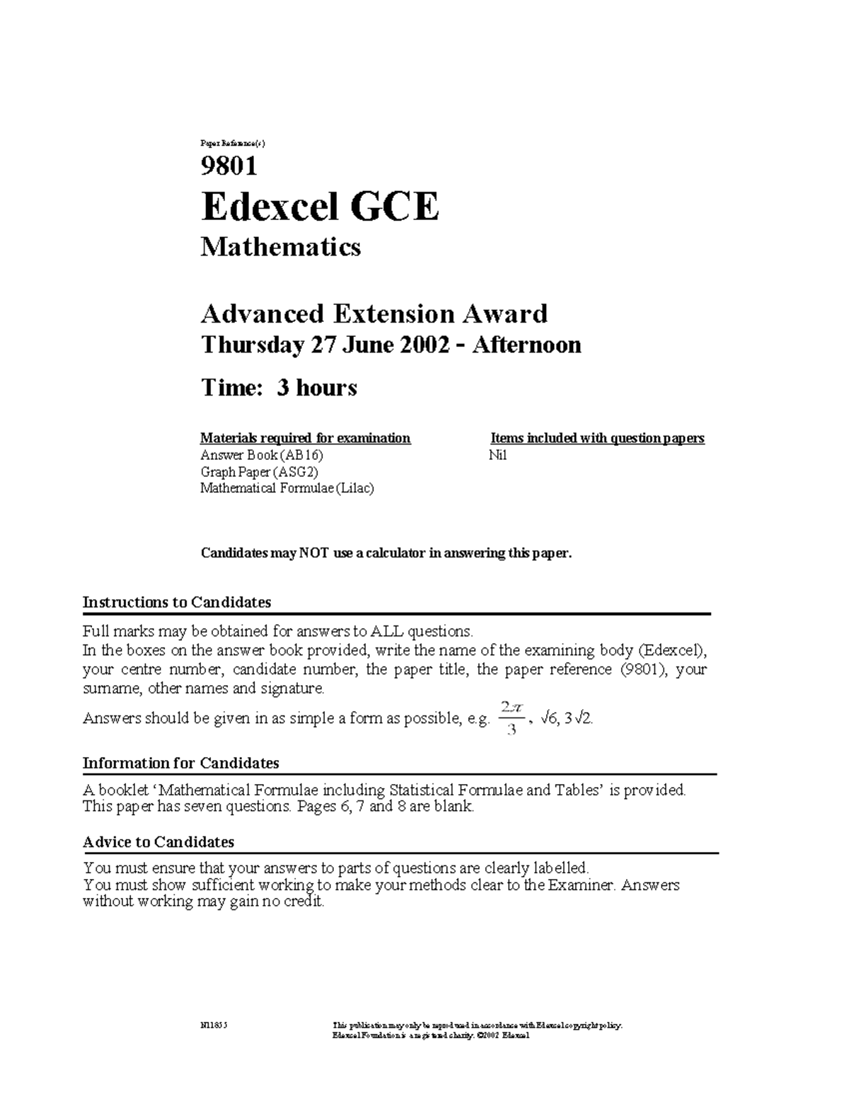AEA Mathematics Advanced Extension Award Paper 9801 - June 2002 - Studocu