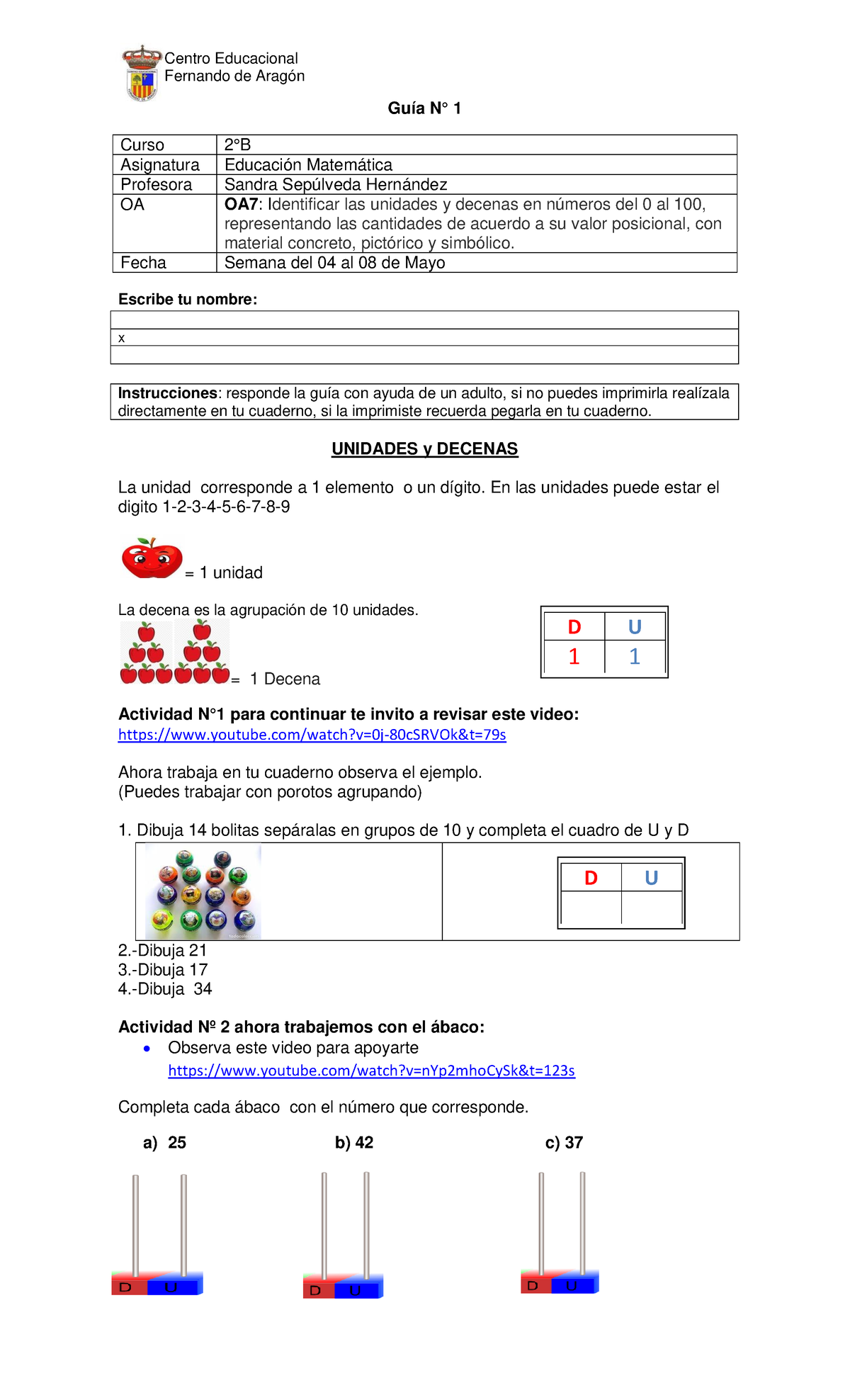 Guía 1 OA7: Unidades y Decenas en Números del 0 al 100 - 2º Básico B ...