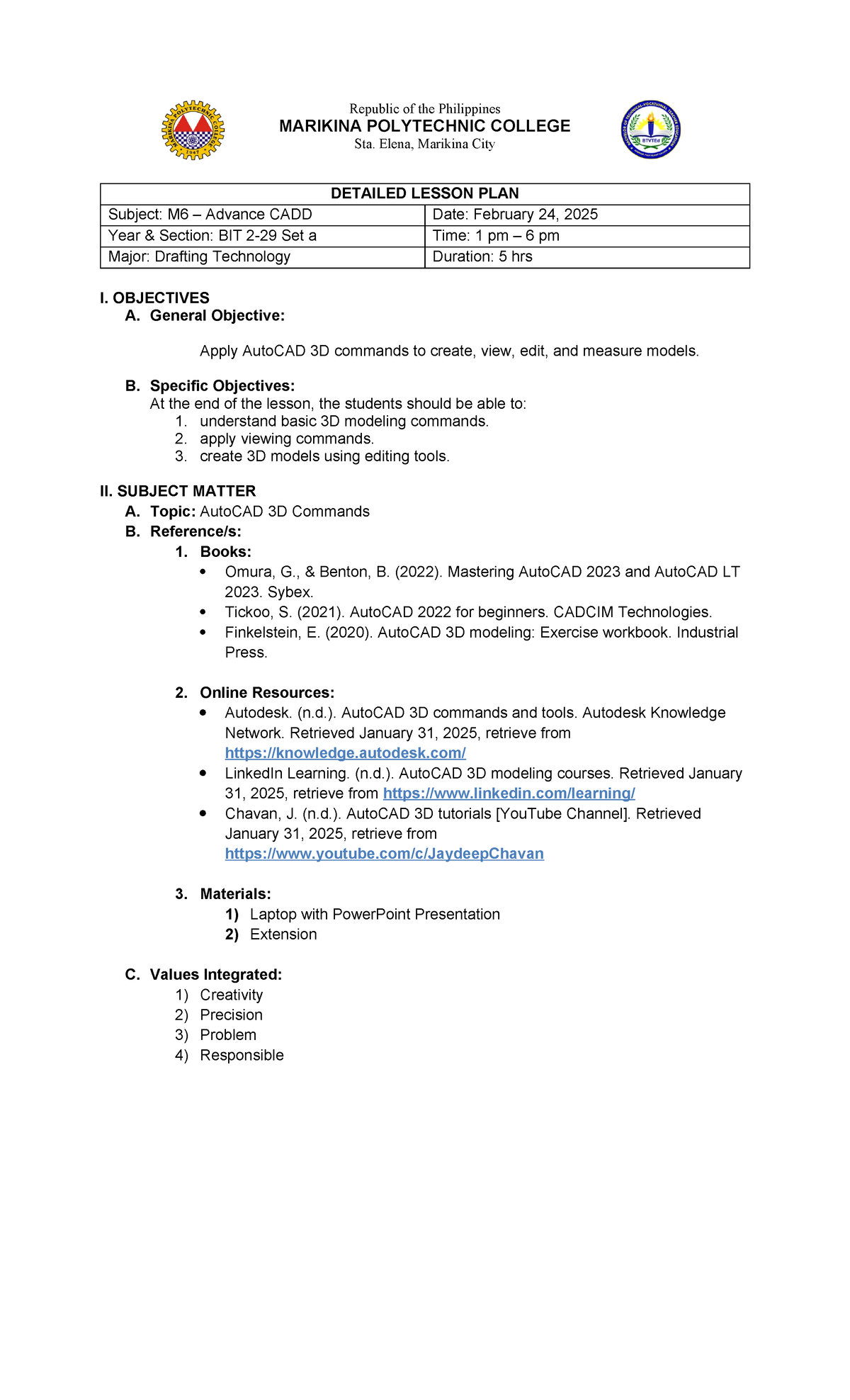 Auto CAD 3D Commands Lesson Plan (Done) - Republic of the Philippines ...