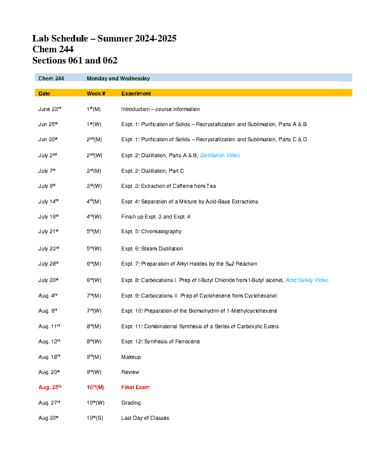 Lab Schedule for CHEM-244: Summer 2023 Experiments - Studocu