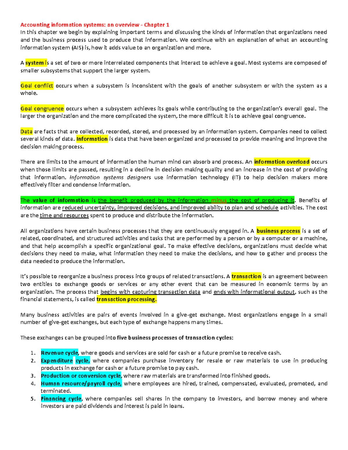 AIS 101: Summary of Accounting Information Systems - Chapter 1 Overview ...
