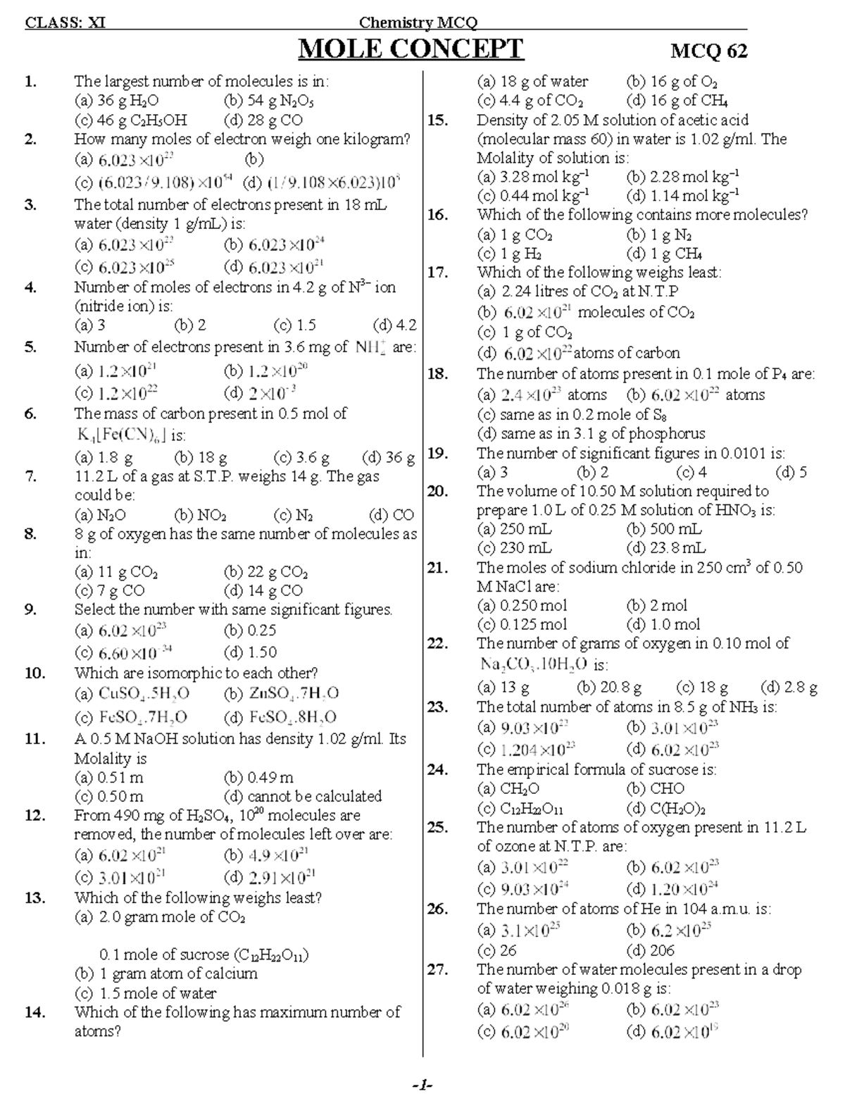 CLASS: XI Chemistry MCQ on Mole Concept (MCQ 62) - Studocu
