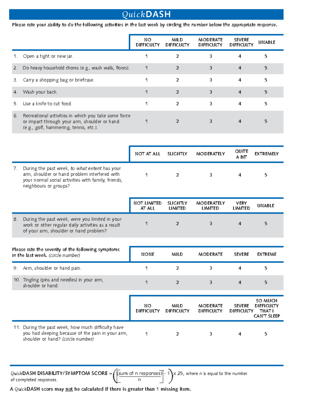 Quick DASH Outcome Measure Questionnaire for Arm/Shoulder Issues - Studocu