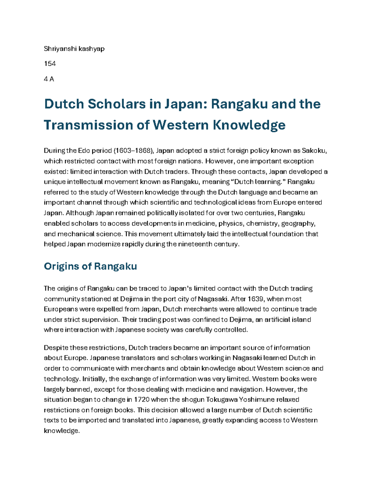 154 4A Essay Notes: Rangaku and Western Knowledge in Edo Japan - Studocu