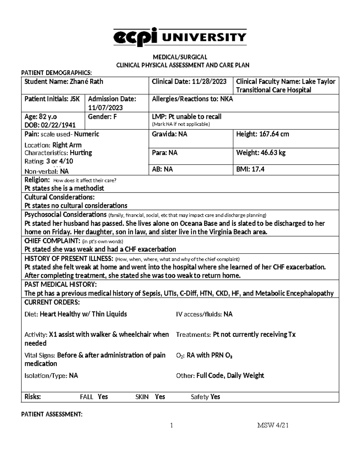 Nursing Care Plan - MEDICAL/SURGICAL CLINICAL PHYSICAL ASSESSMENT AND ...