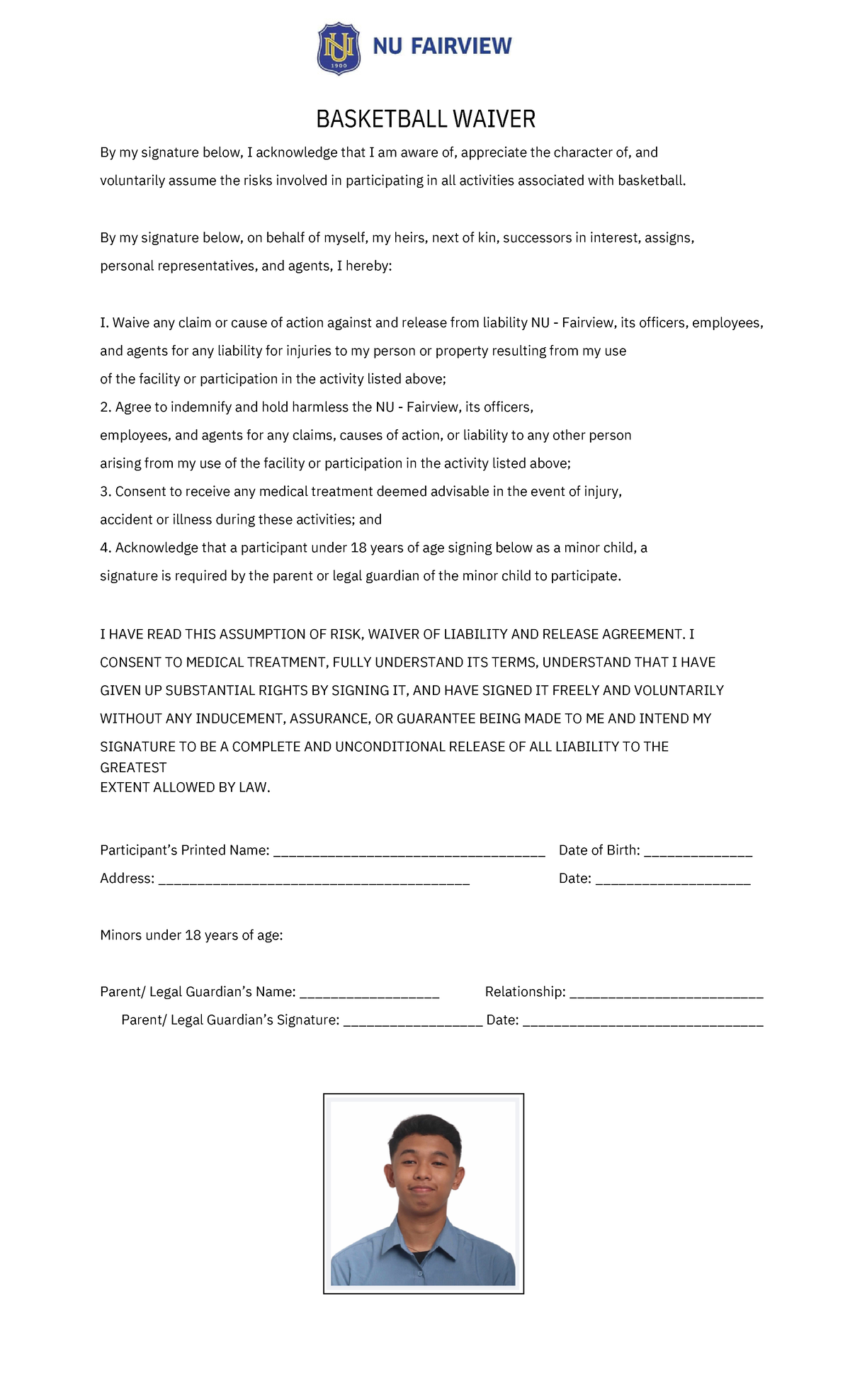 NUFV- Fasia Basketball Waiver FORM - Insert 2” x 2” Photo Here ...