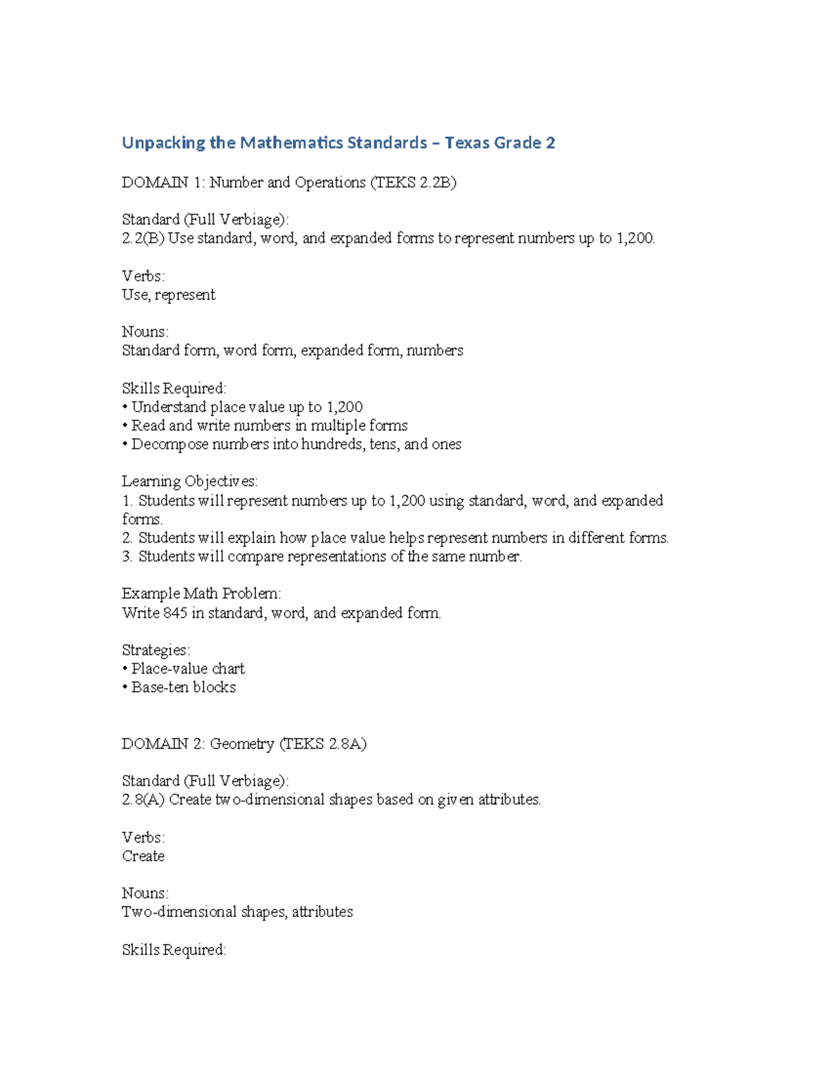 Unpacking Texas Math Standards for Grade 2 (TEKS 2.2B, 2.8A, 2.9C ...