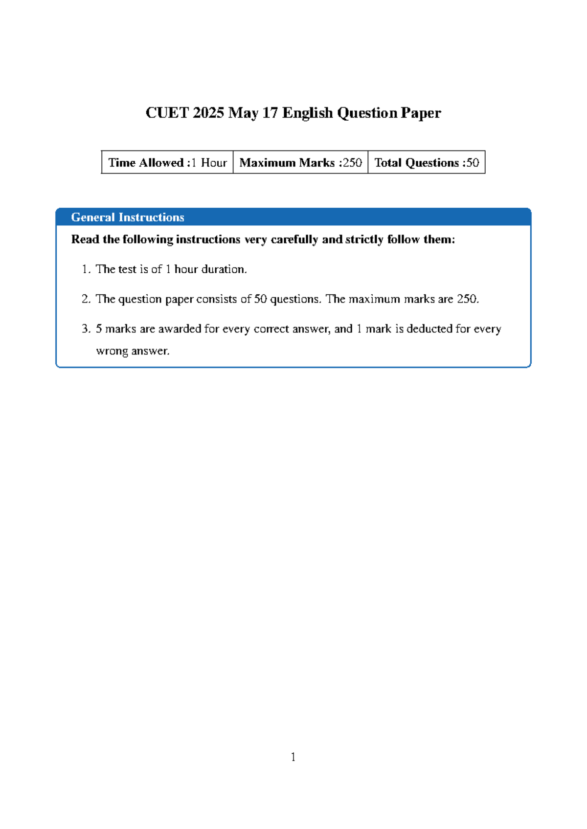 CUET 2025 May 17 English Question Paper - 1 Hour, 250 Marks - Studocu