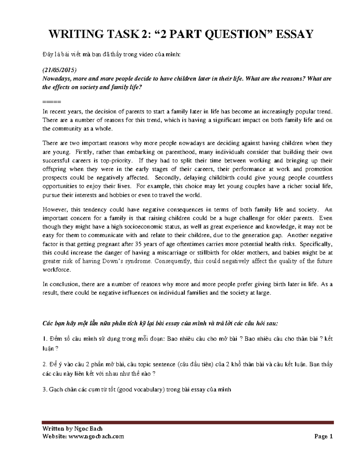 Huong DAN ON TAP 2 part question - Written by Ngoc Bach WRITING TASK 2 ...