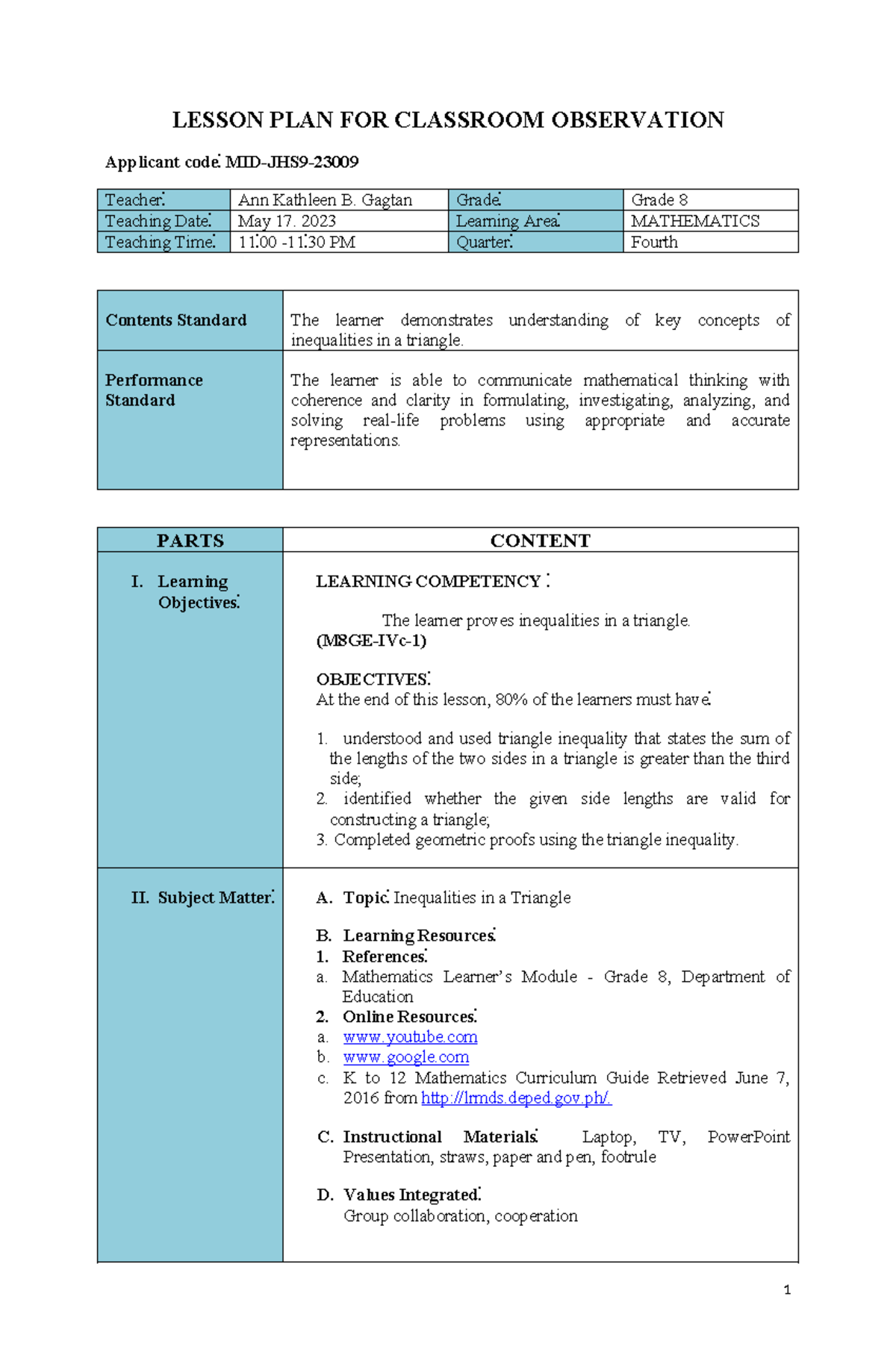 Lesson Plan G8-MATH: Proving Triangular Inequalities & Activities - Studocu