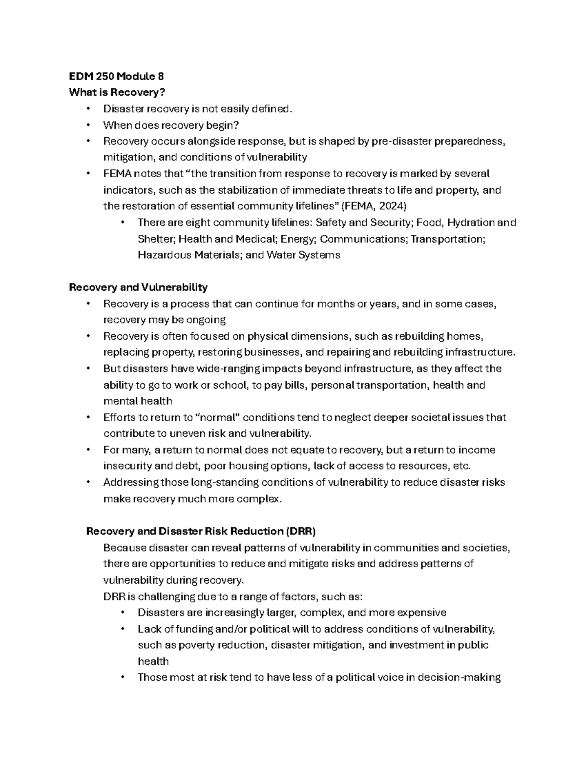 EDM 250 Module 8: Understanding Recovery in Disaster Management - Studocu