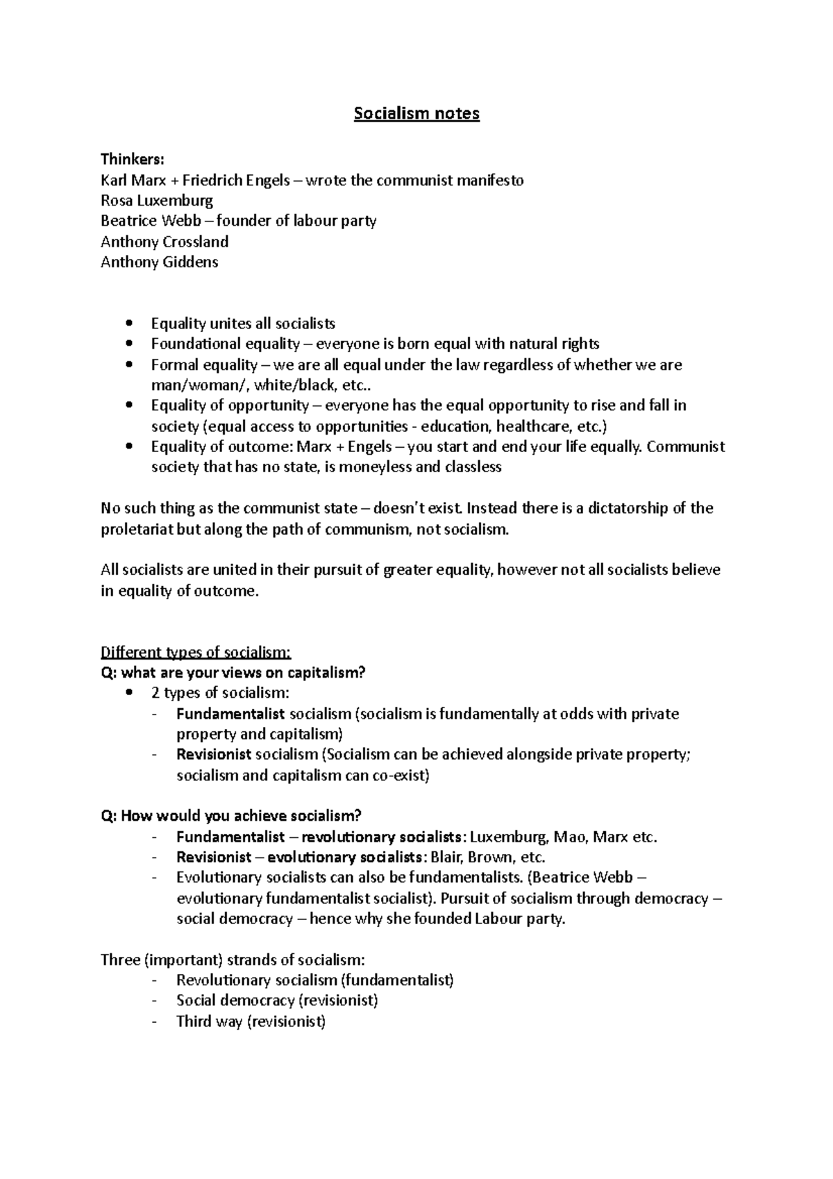 Socialism: Key Thinkers and Principles - Notes for Course SOC101 - Studocu