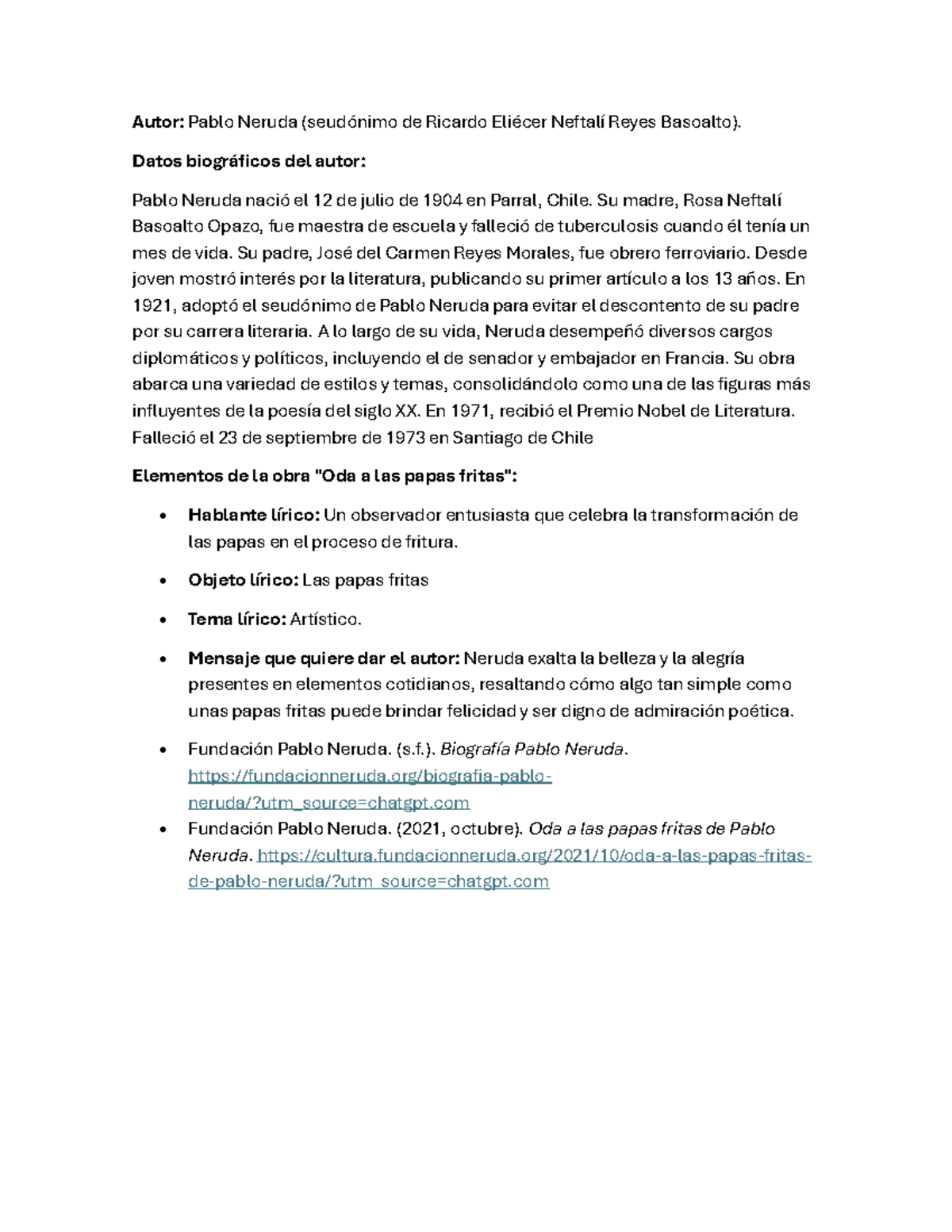 Biografía y Análisis de "Oda a las Papas Fritas" - 111 - Studocu