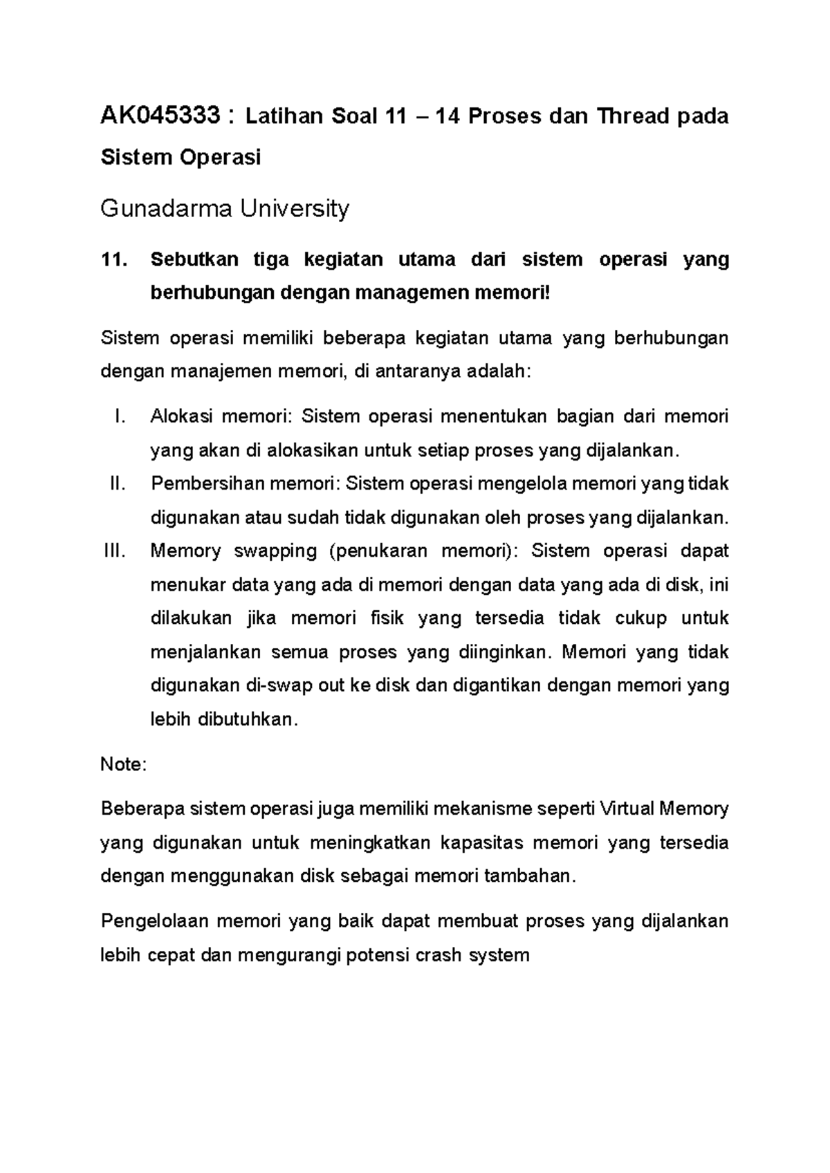 Latihan Soal 11-14: Proses & Thread di Sistem Operasi AK045333 - Studocu