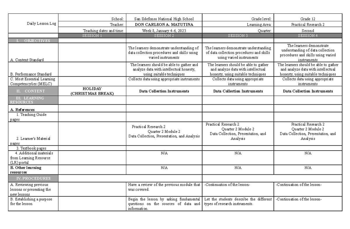 PR2 Q2 W8 Daily Lesson Log: Data Collection Instruments - Studocu