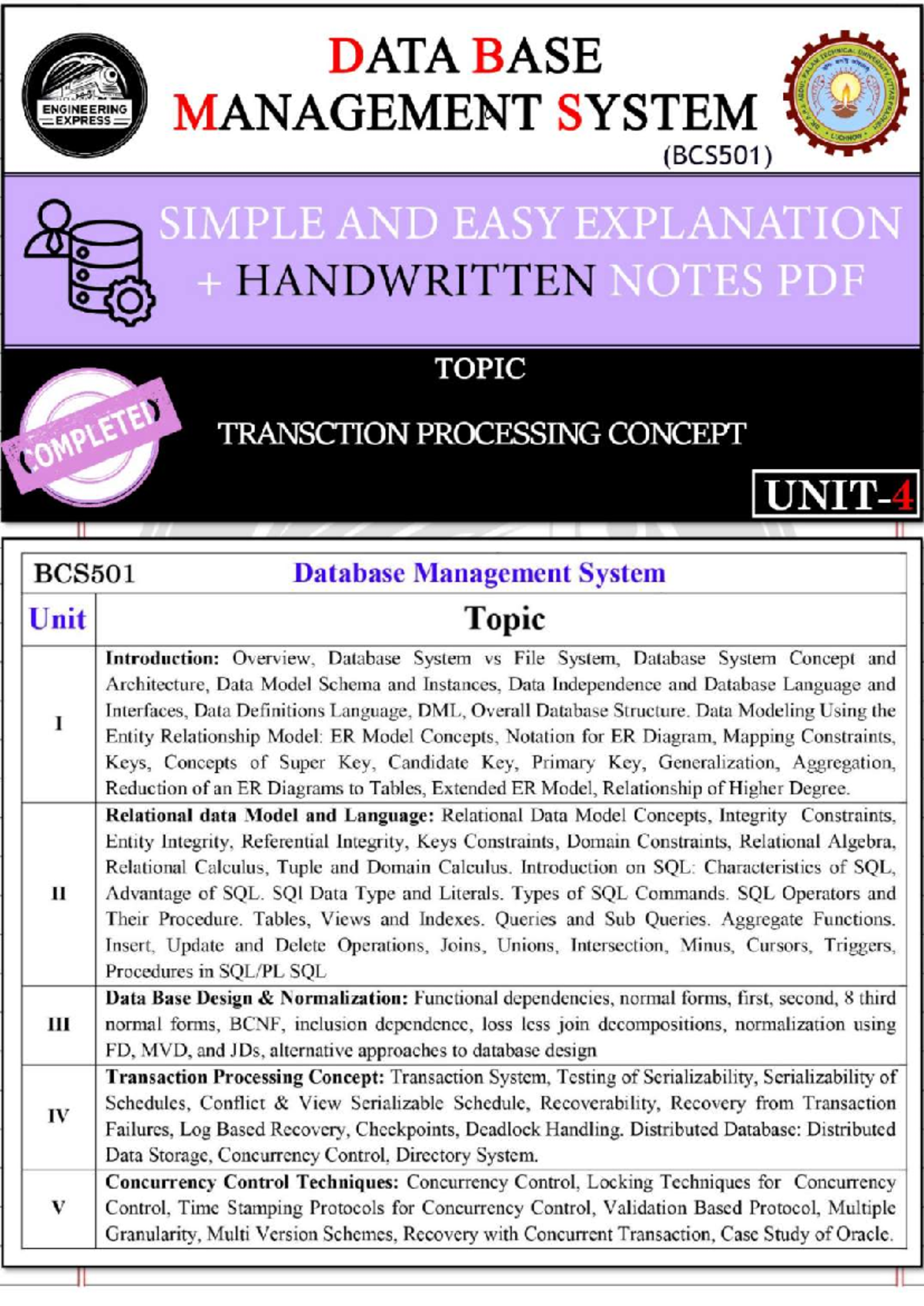 BCS501 Database Management System: Transaction Processing Notes - Studocu
