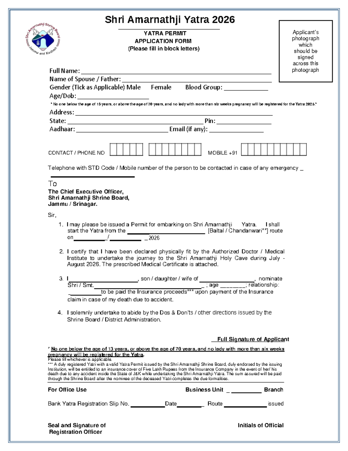 Shri Amarnathji Yatra 2026 Permit Application Form - Studocu
