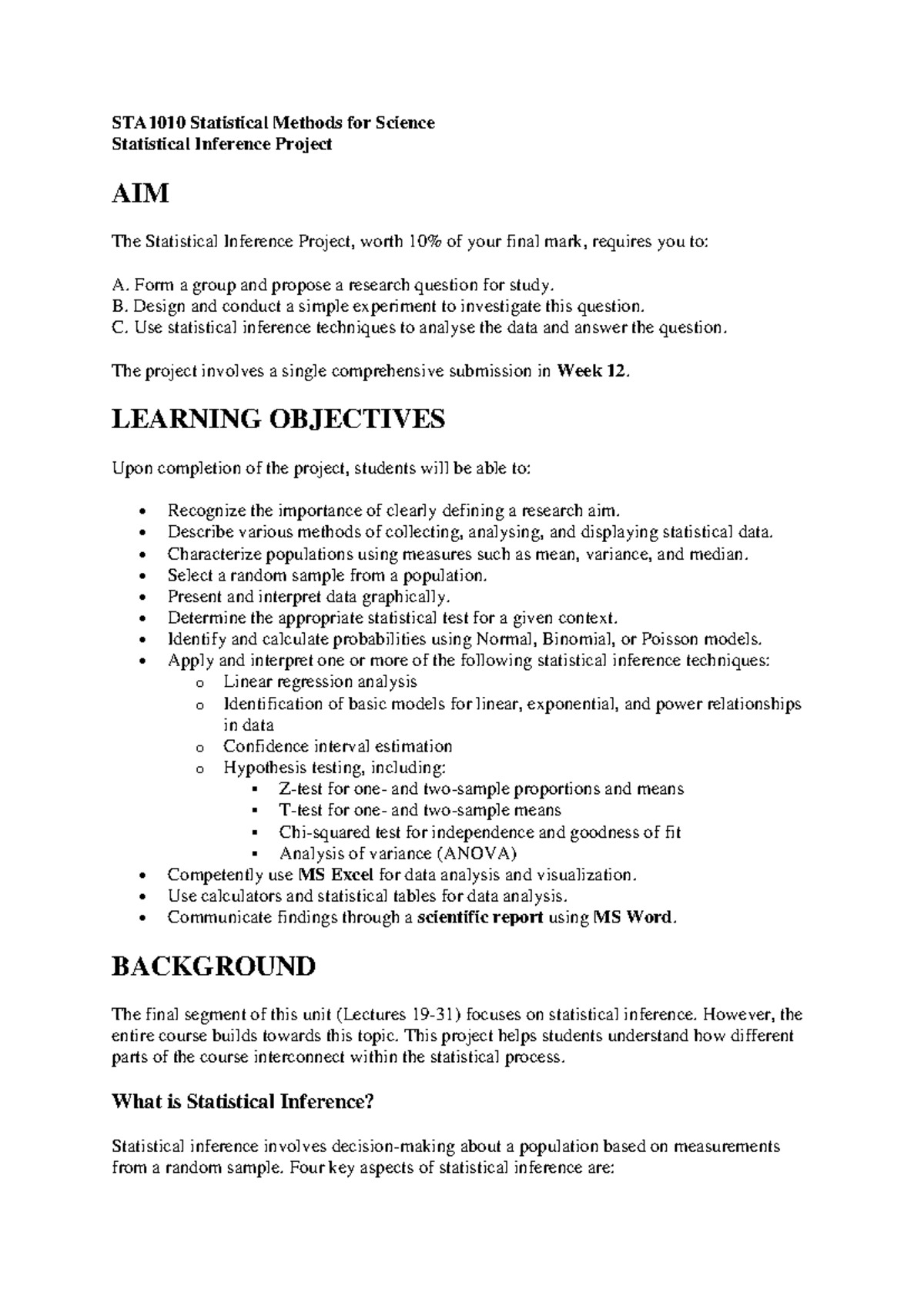 STA1010 Statistical Inference Project Outline for 2025 - Studocu