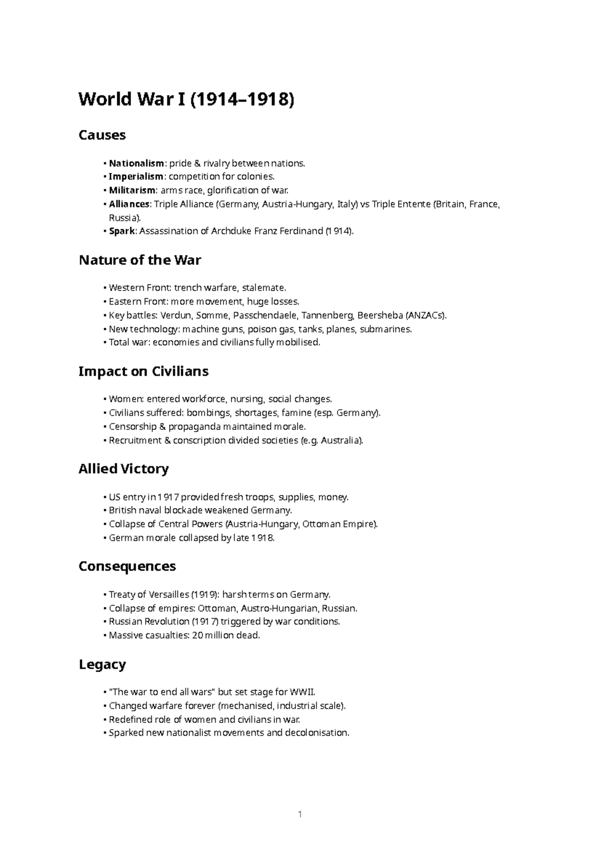 World War I Notes: Causes, Impact, and Legacy Analysis - Studocu