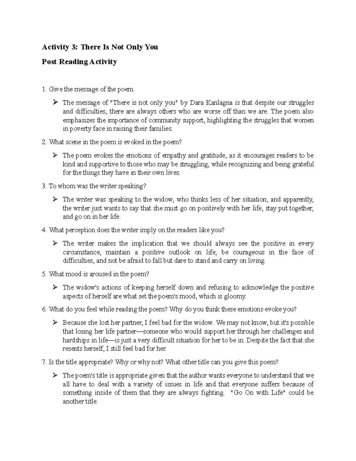 Activity 3 Reflection on "There Is Not Only You" Poem Insights - Studocu