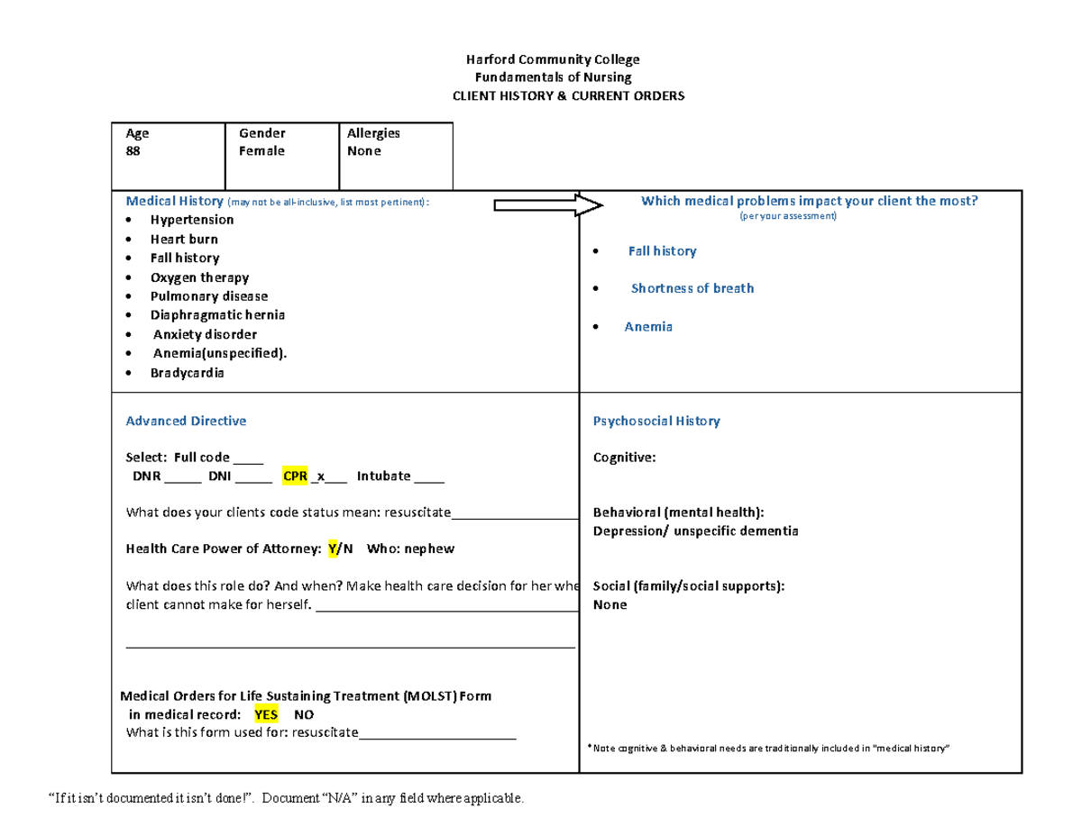 HCC NUR 101 Client History & Current Orders - Nursing Assessment - Studocu