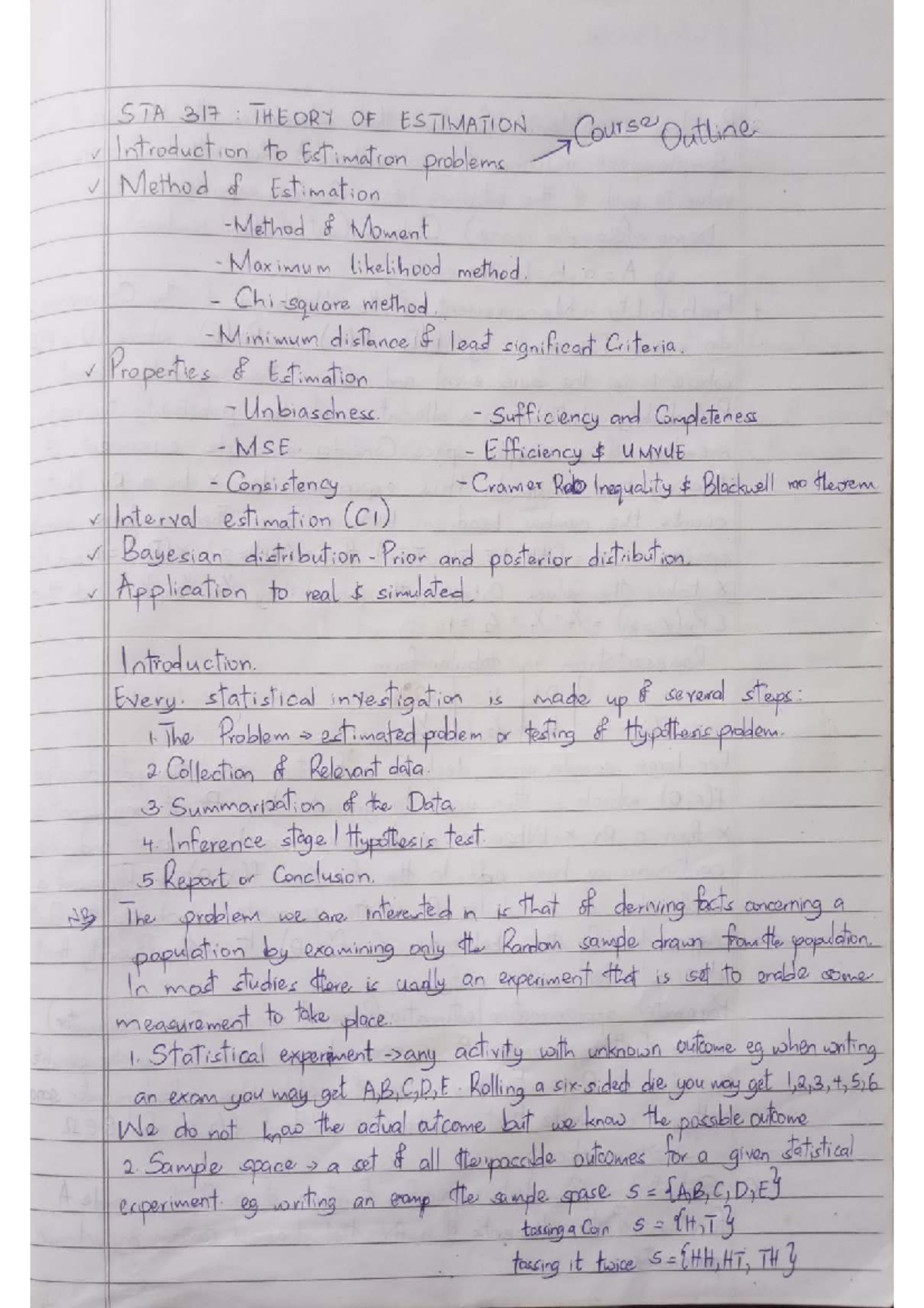 STA 317 Theory of Estimation Lecture Notes: Key Concepts and Methods ...