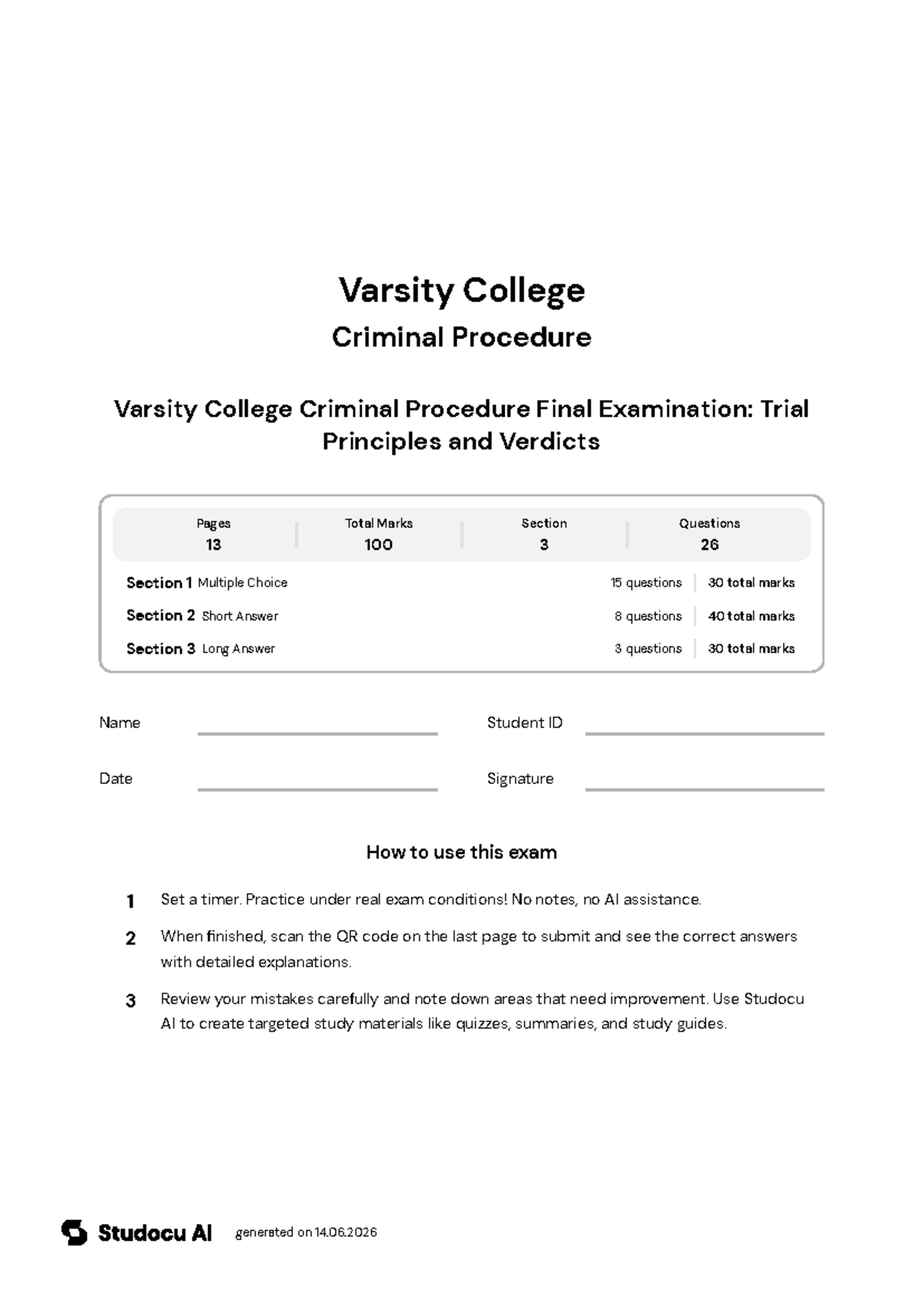 CRUN7112 Criminal Procedure Final Exam: Trial Principles - Studocu
