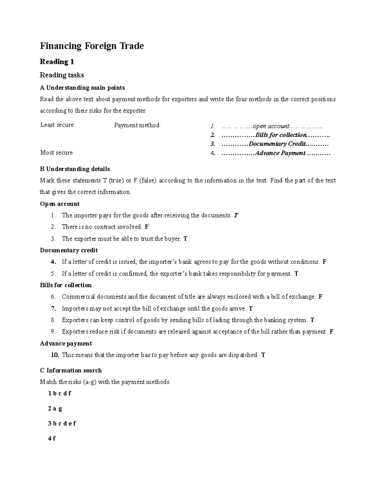 Financing Foreign Trade- key to sts - Financing Foreign Trade Reading 1 ...