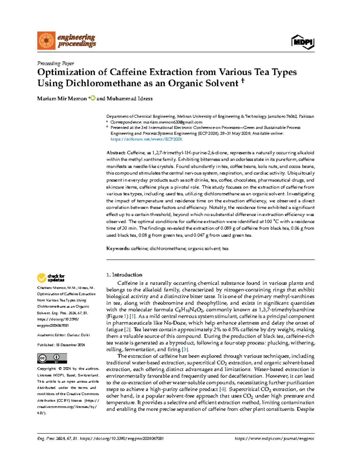 Eng. Proc. 2024: Optimization of Caffeine Extraction from Tea Using DCM ...