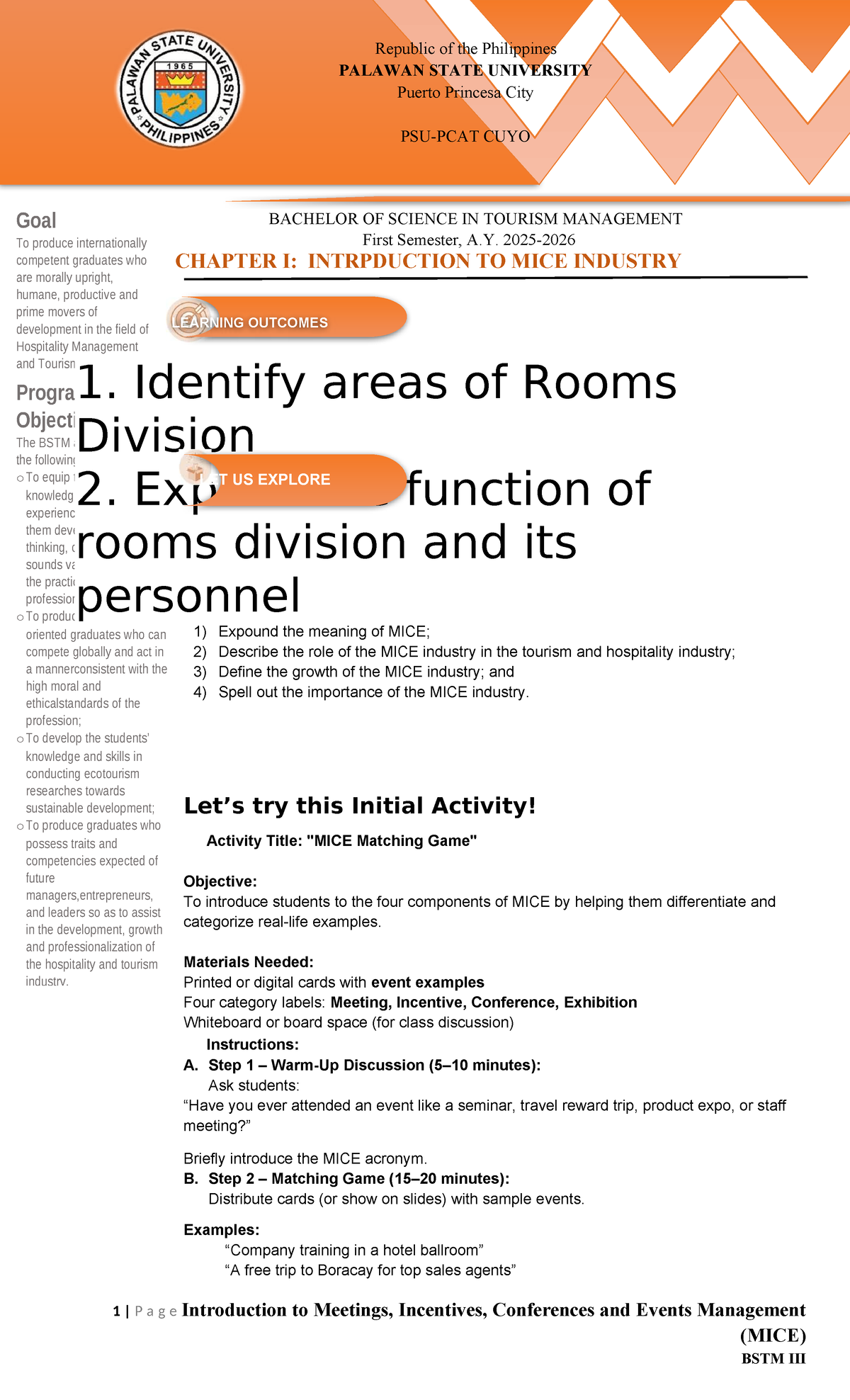 Chapter 1: Introduction to the MICE Industry - BSTM 1st Sem - Studocu