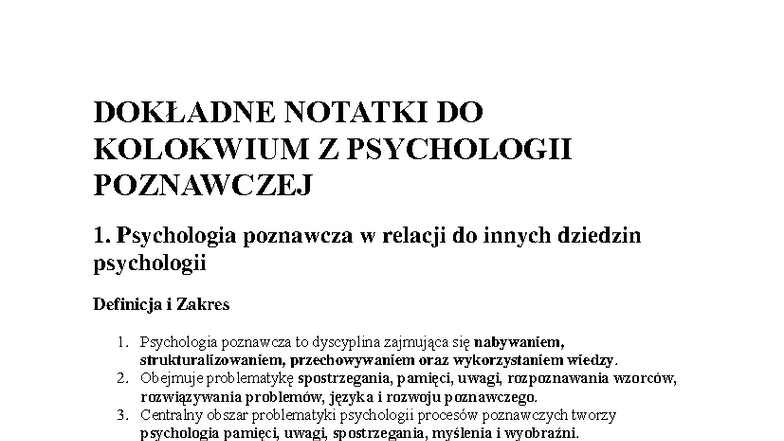 Notatki do Kolokwium z Psychologii Poznawczej - Kluczowe Tematy i ...