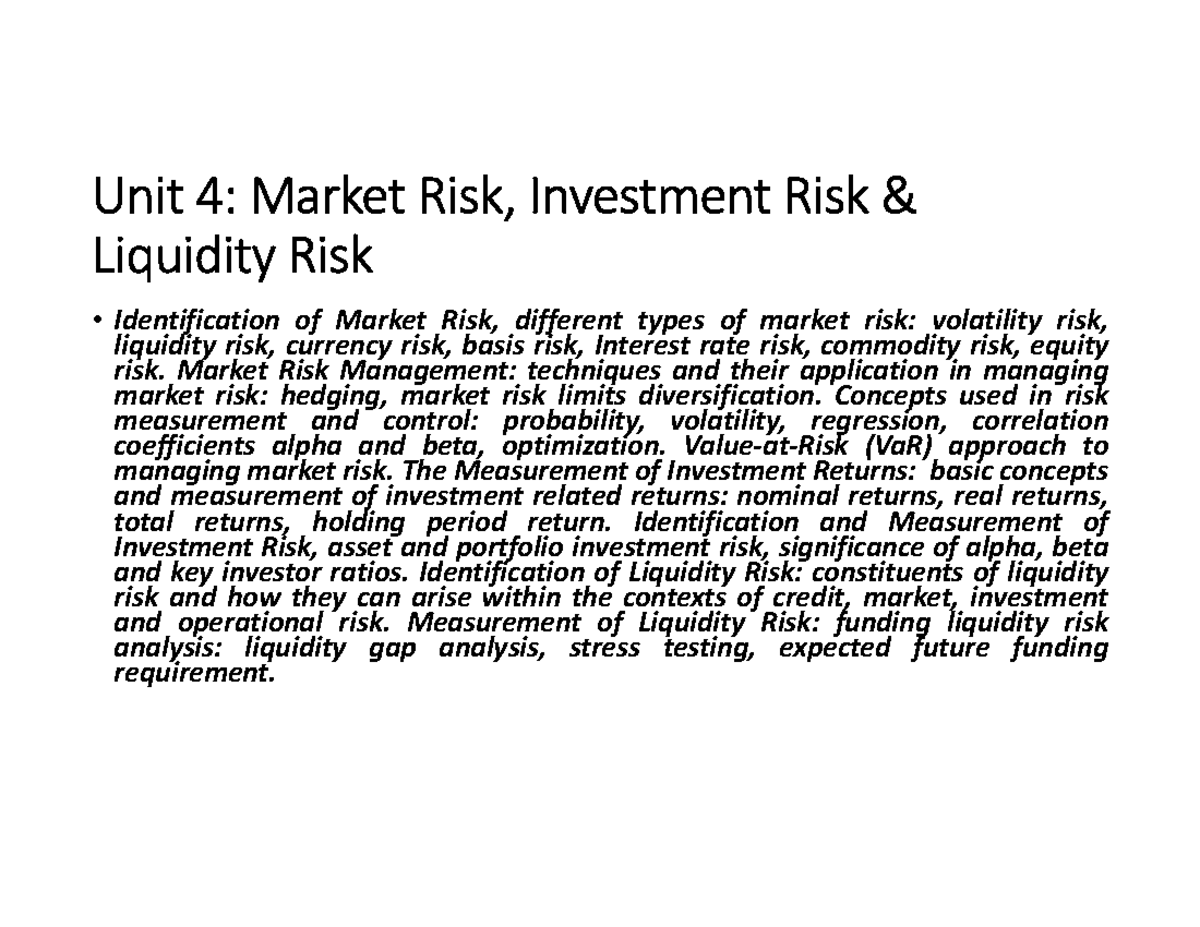 RFS 4: Market, Investment & Liquidity Risk Management Notes - Studocu