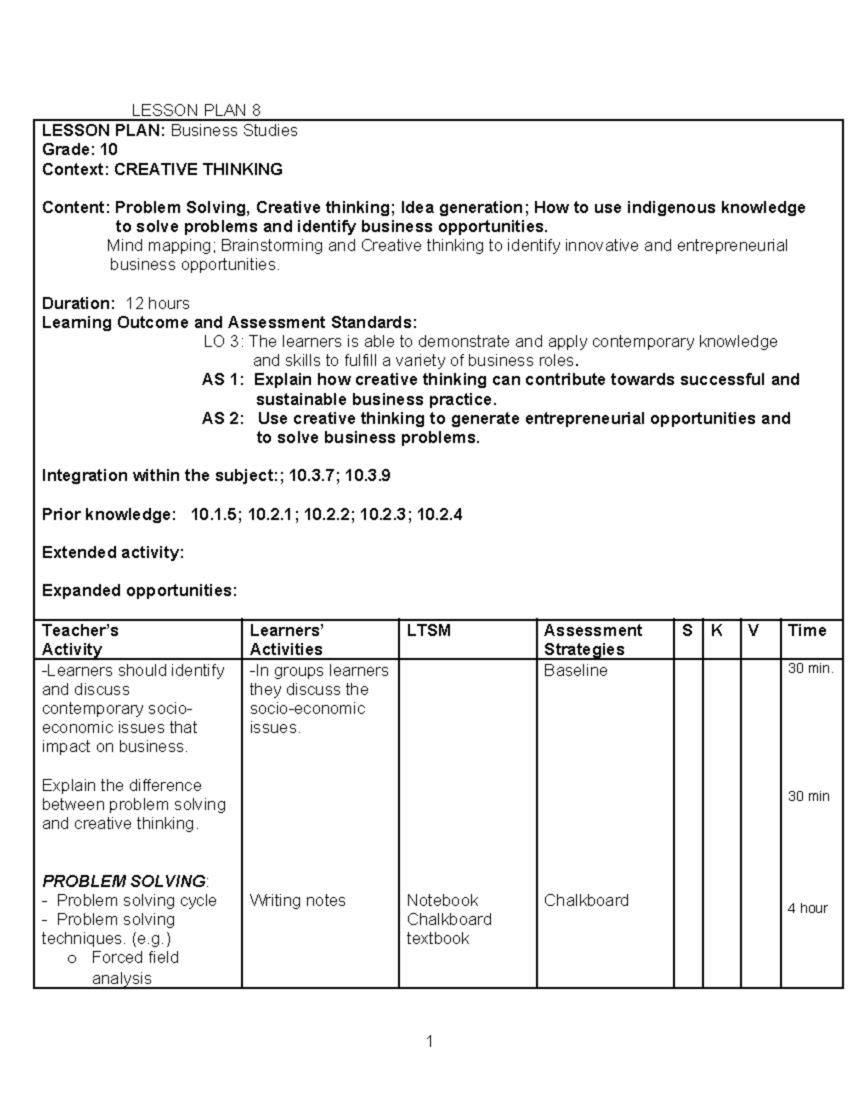 Business Studies Lesson Plans: Grade 10 (LP 8-12) for Creative Thinking ...