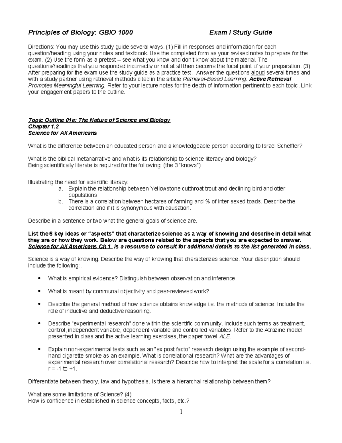 GBIO 101: Exam I Study Guide on Biology Principles (Topics 01-02) - Studocu