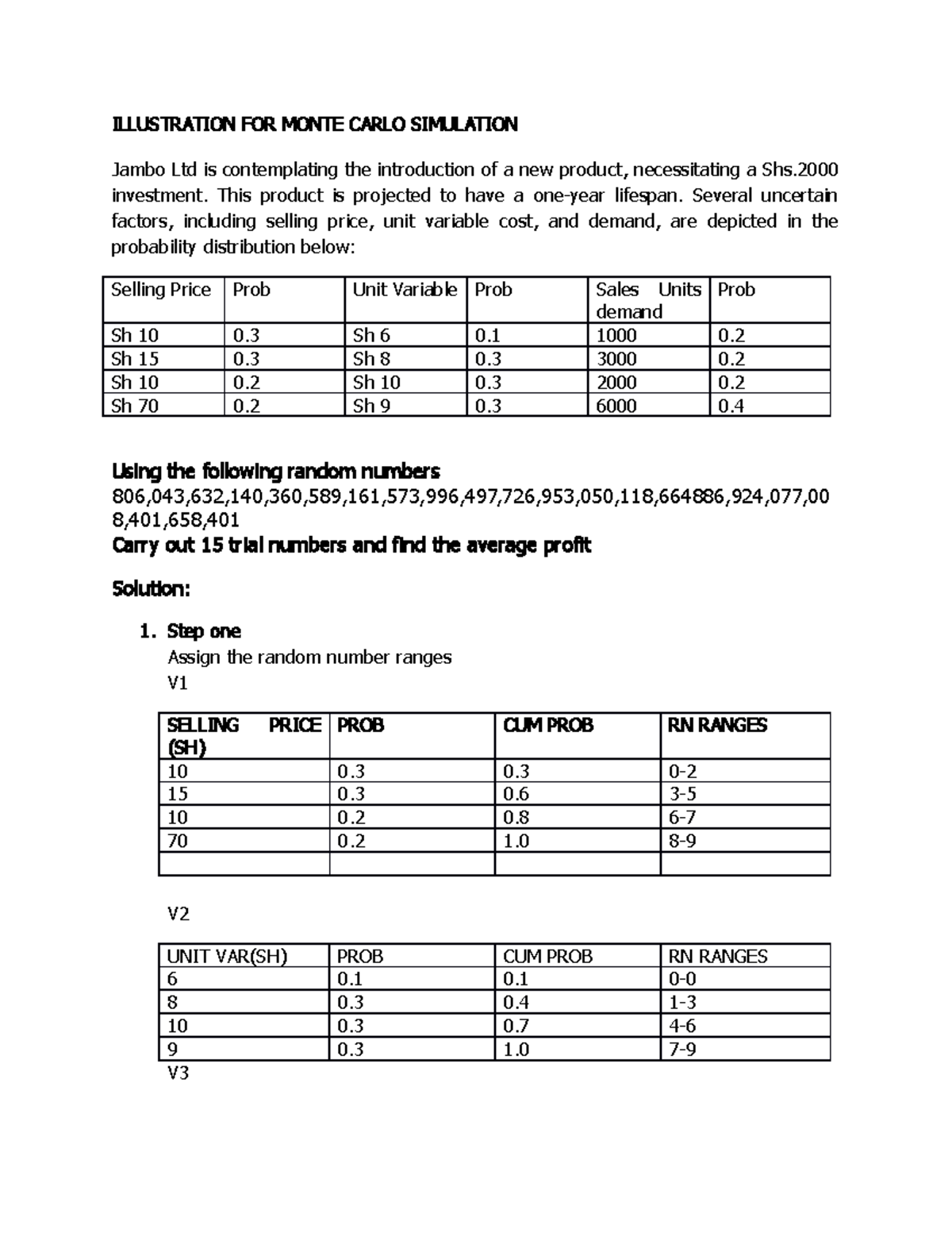 Illustration FOR Monte Carlo Simulation - ILLUSTRATION FOR MONTE CARLO SIMULATION Jambo Ltd is ...
