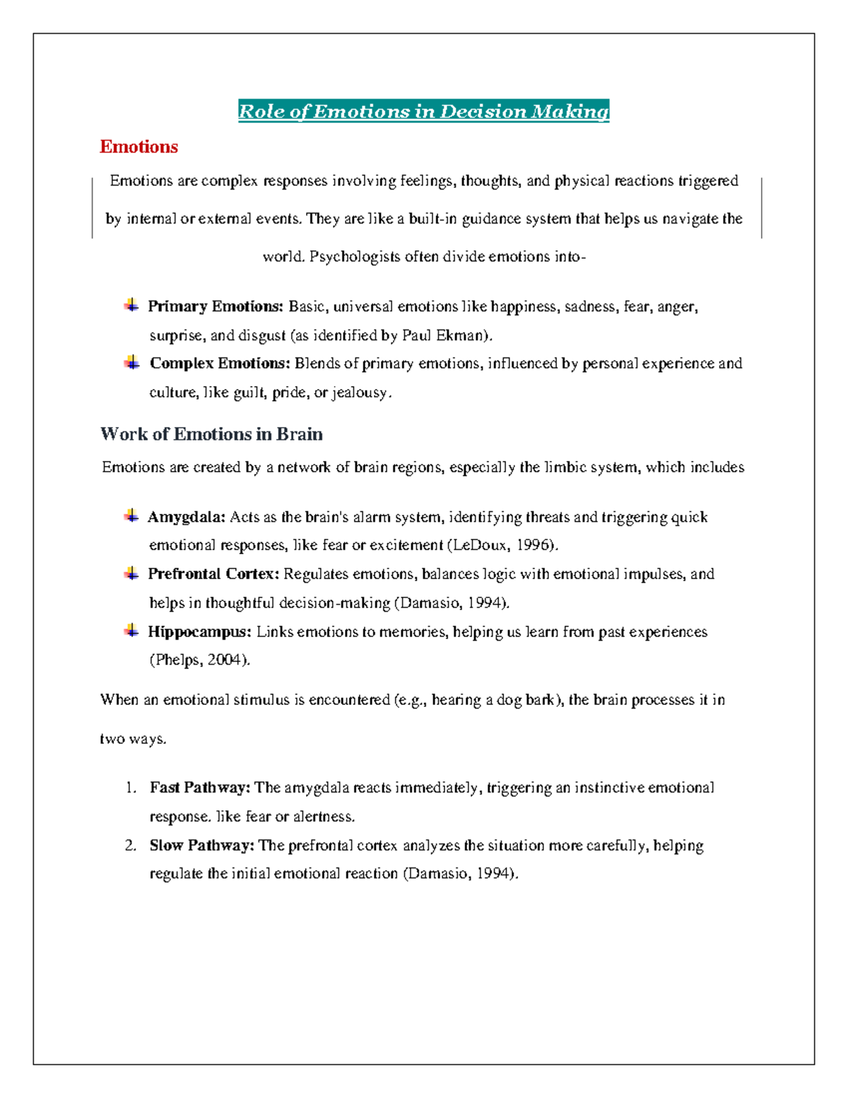 Role of Emotions in Decision Making - Role of Emotions in Decision ...