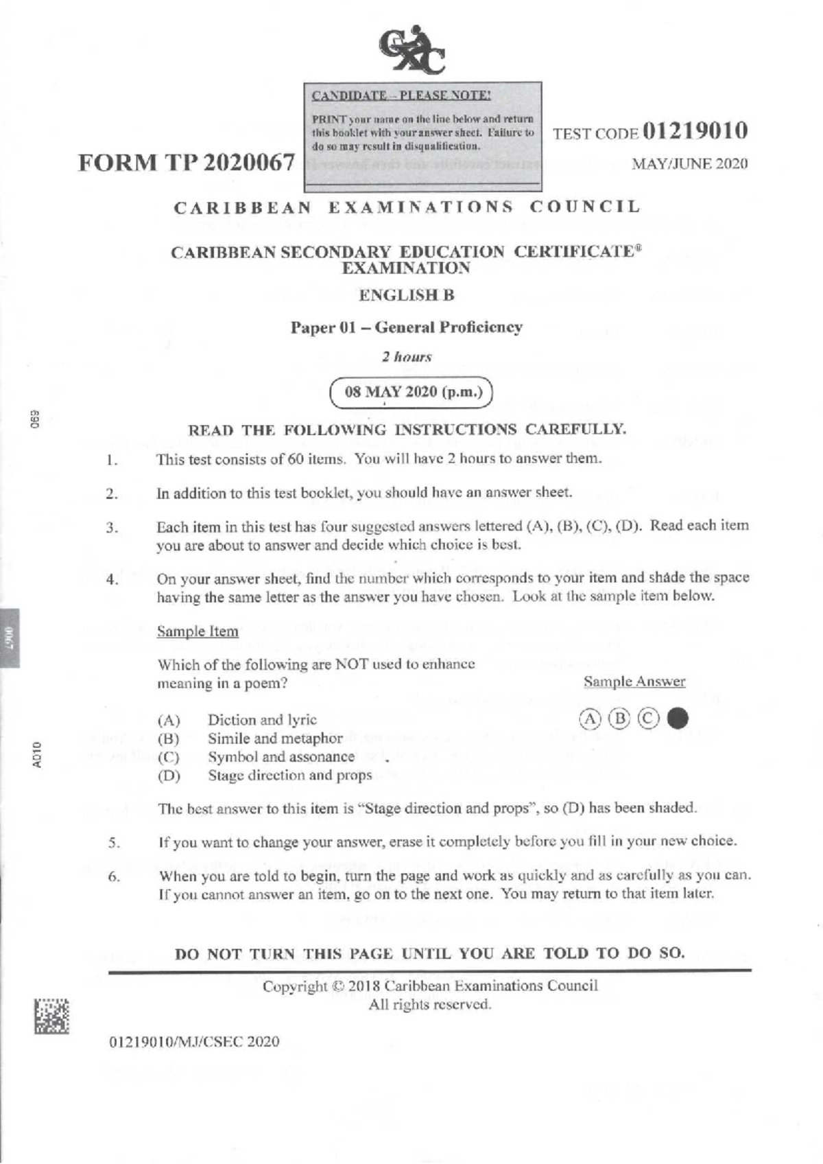 CSEC ENGLISH B PAPER 1 2020 MAY/JUNE INSTRUCTIONS AND EXTRACTS - Studocu