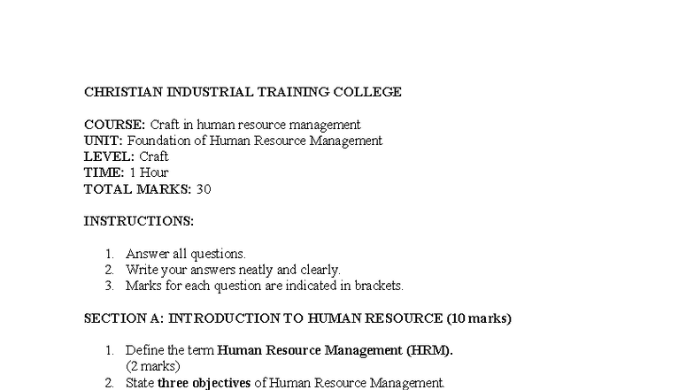 Craft HRM Unit: Foundations of Human Resource Management Exam Notes ...