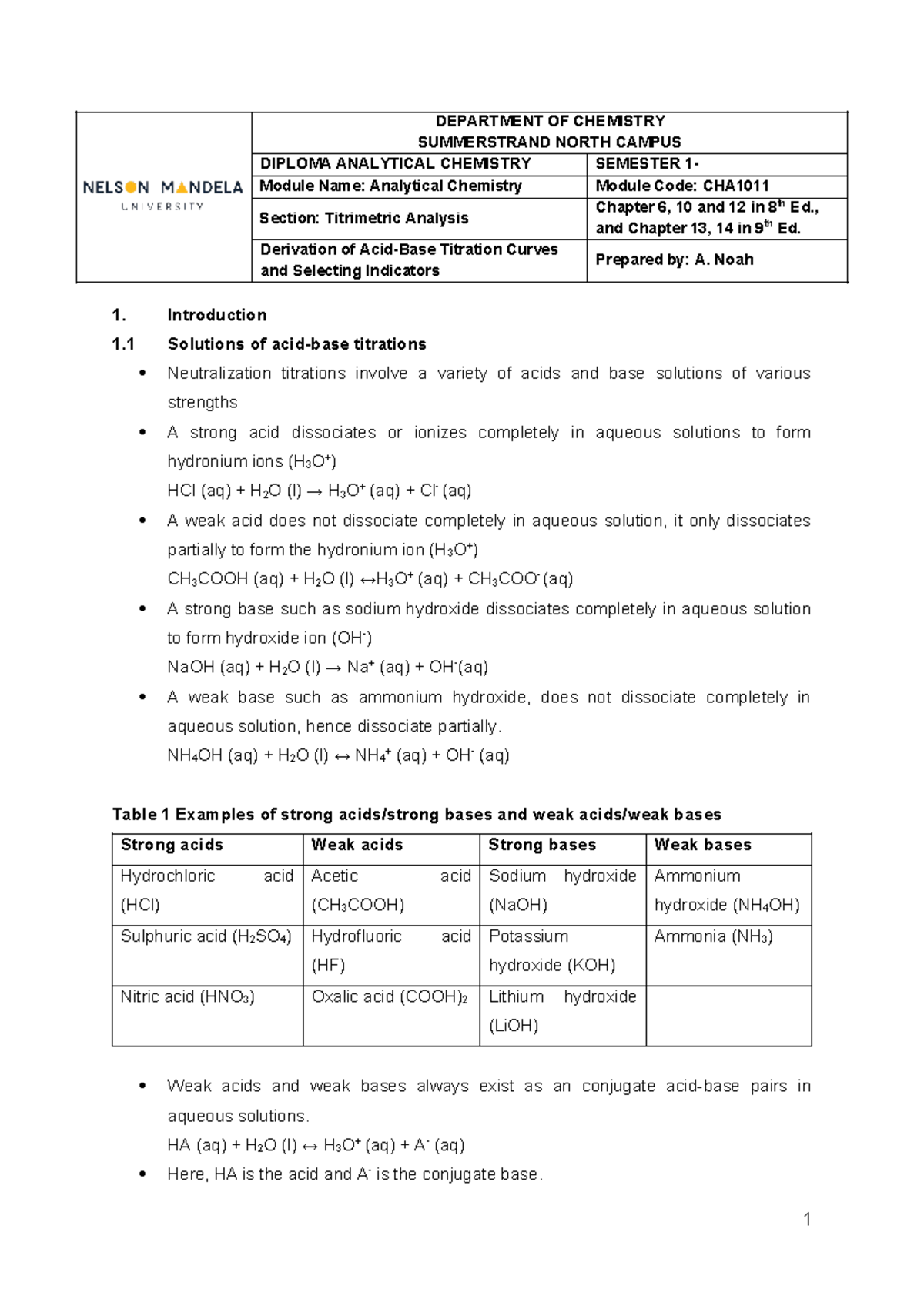 CHA1011 Topic 9: Derivation of Acid-Base Titration Curves & Indicators ...