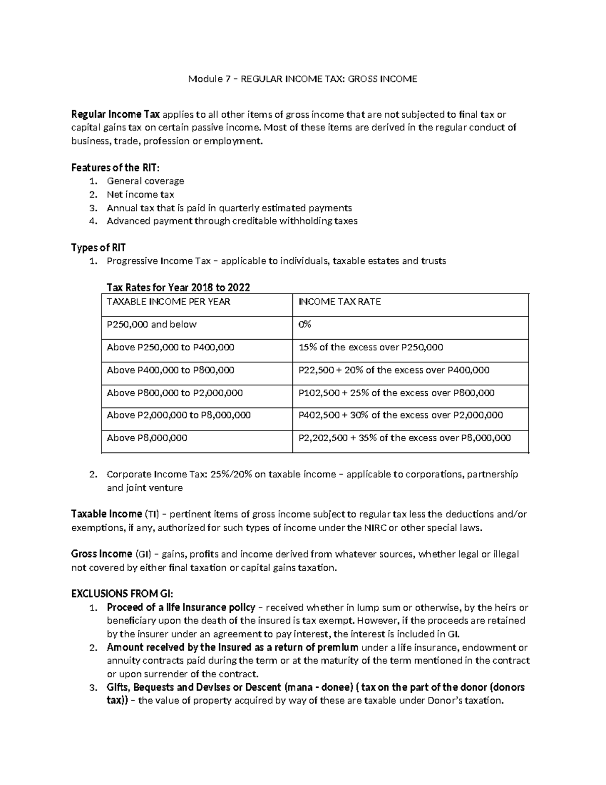 Module 7: Regular Income Tax - Comprehensive Tax Summary - Studocu