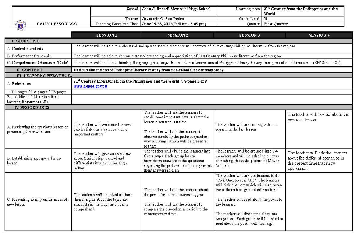 21st century Literature- Learning competency 1 - ` DAILY LESSON LOG ...