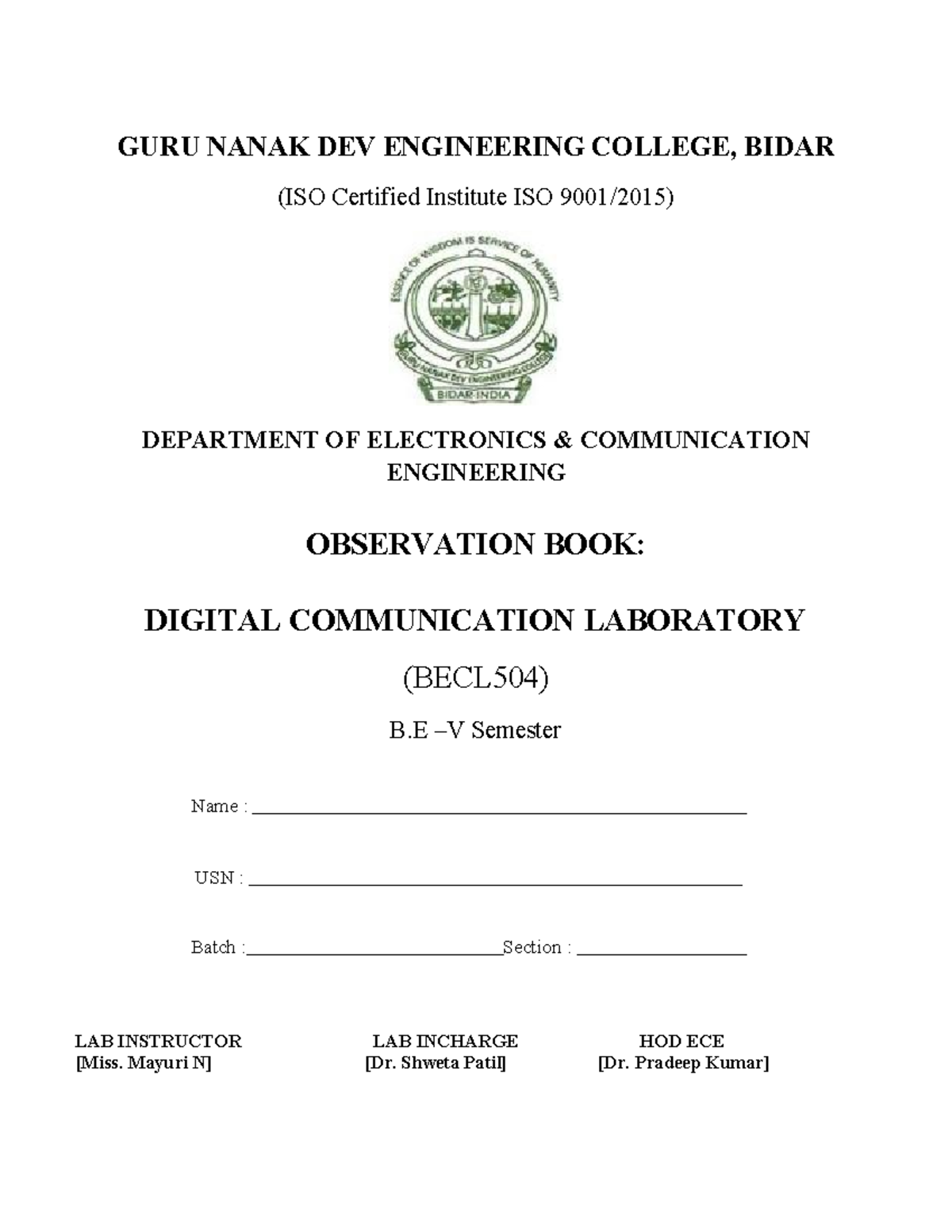 Digital Communication Lab Manual (BECL504) - Experiments & Procedures ...