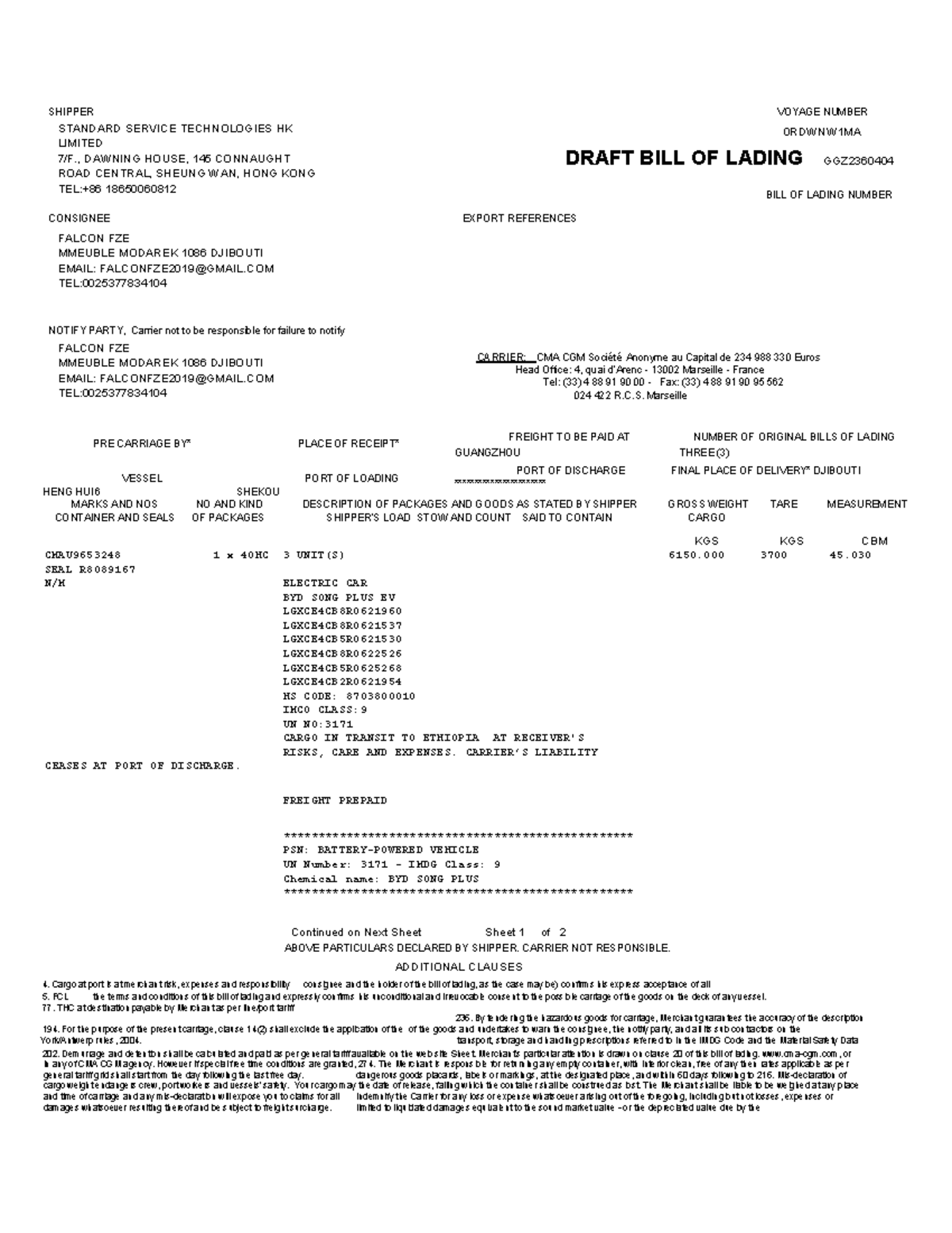 GGZ2360404 - Draft Bill of Lading & Shipping Details Overview - Studocu