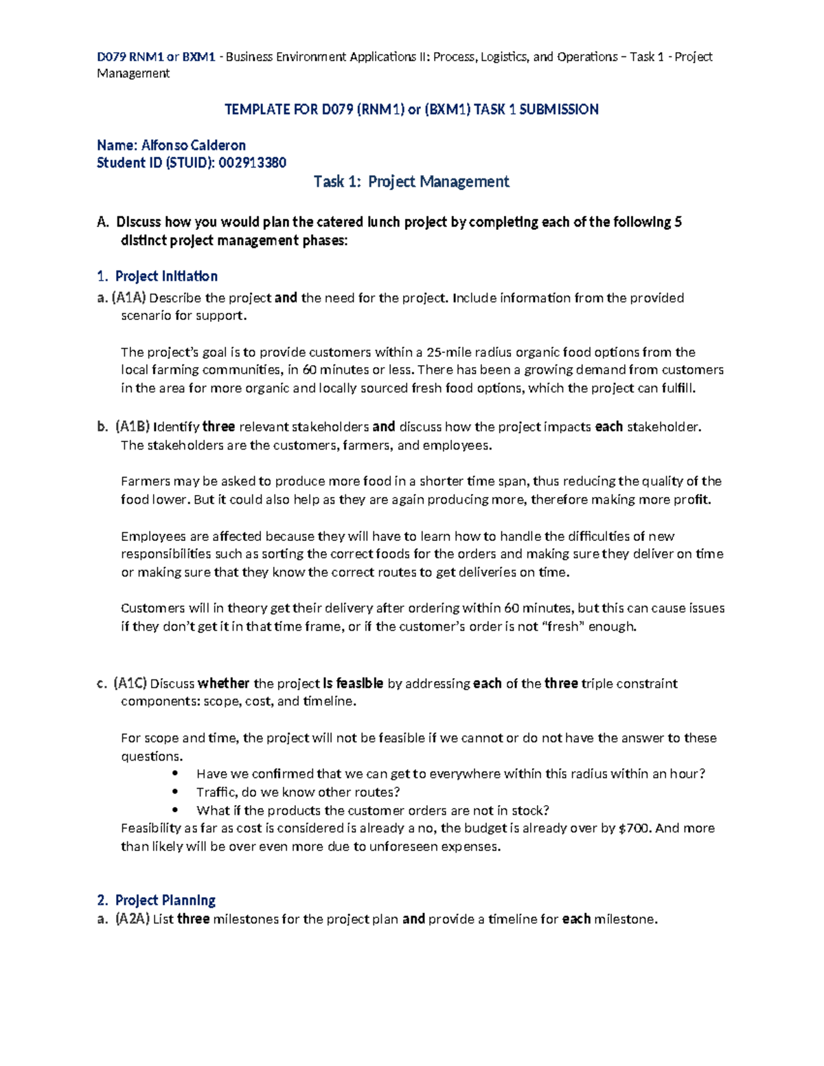 Task 1 Project Management for D079 RNM1/BXM1: Catering Lunch Project ...