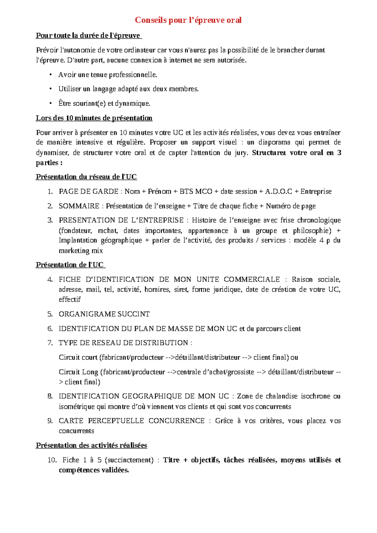 Conseils pour l'oral - BTS MCO: Préparation et Présentation - Studocu