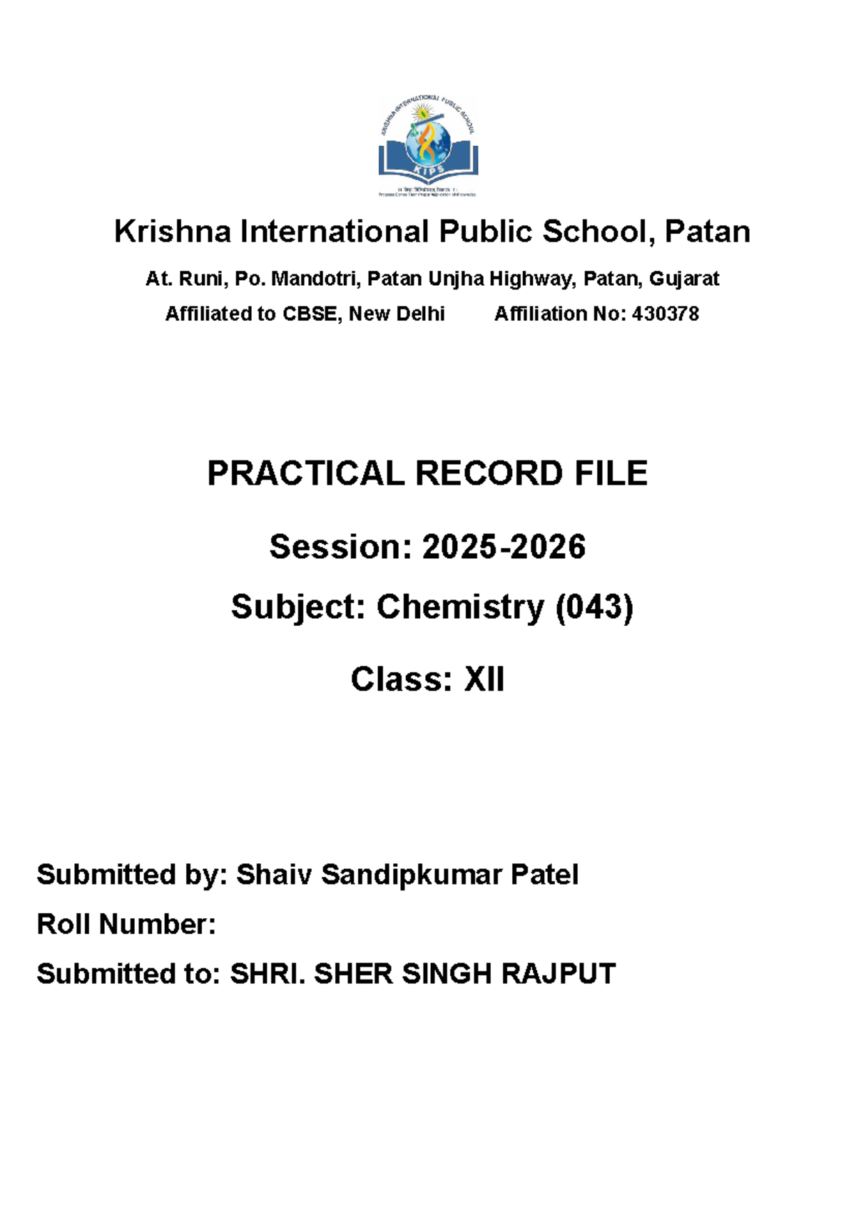 Chemistry (043) Class XII Practical Record File 2025-26 - Studocu