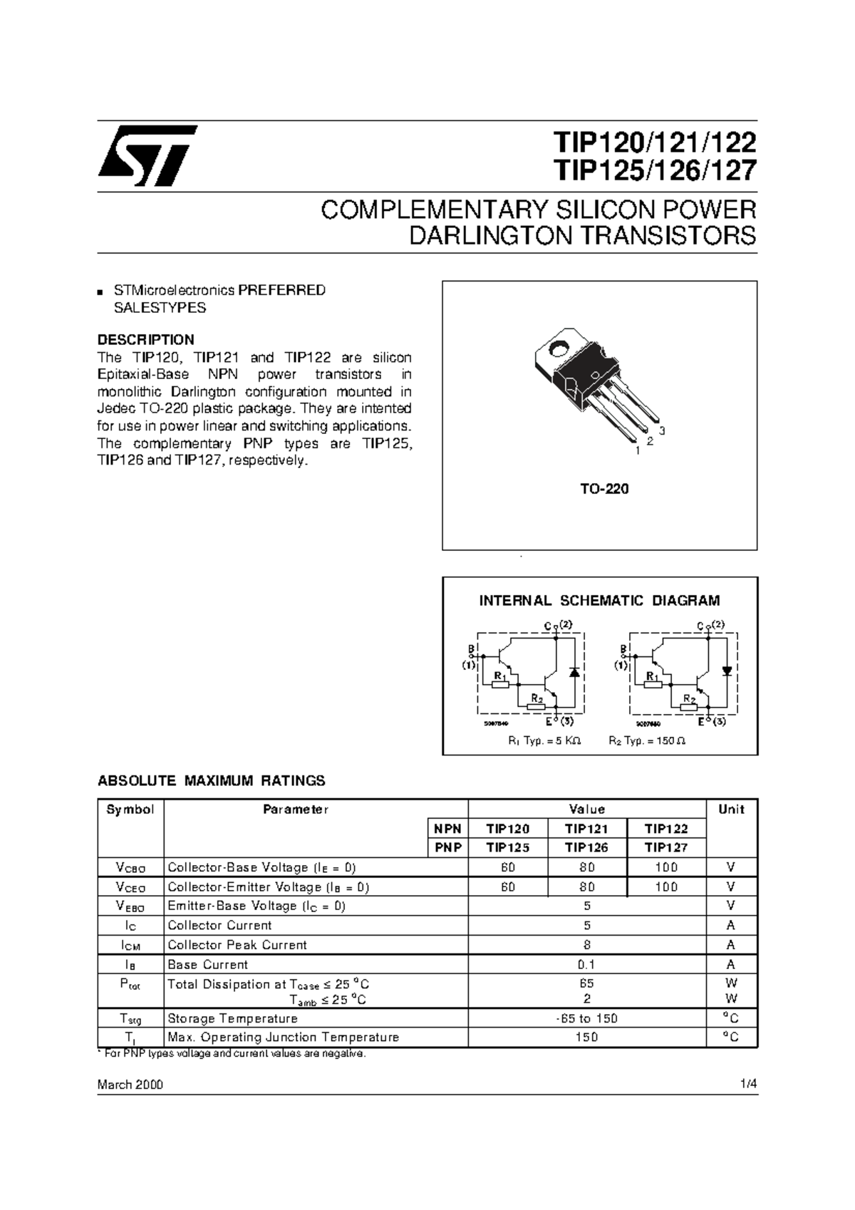 STMicroelectronics TIP120/121/122 NPN Power Transistors Datasheet - Studocu